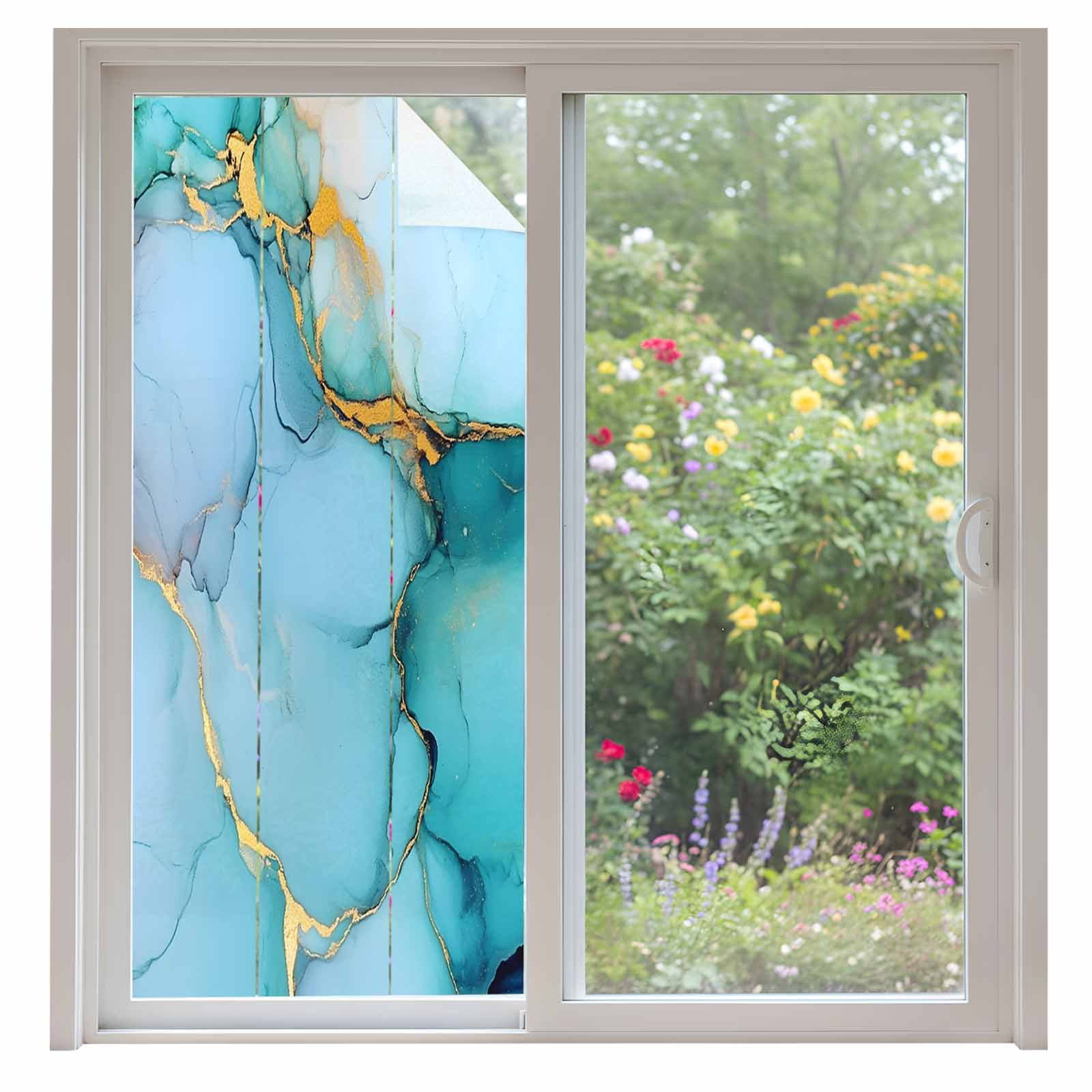 Teal Marble Window Privacy Film, Modern Ink Painting Luxury Modern Art ...