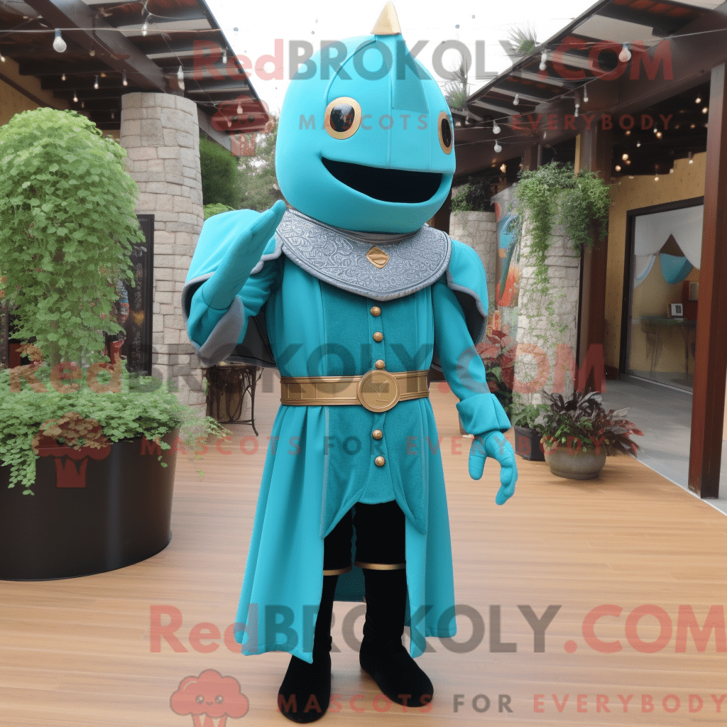 Teal Medieval Knight REDBROKOLY mascot costume character dressed with a ...