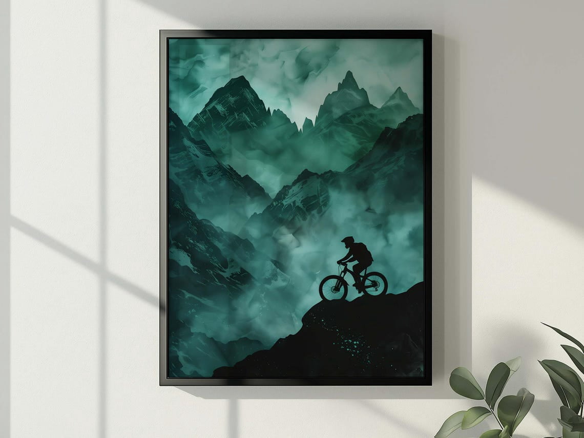 Teal Misty Mountain Bike Adventure Landscape Wall Art, Unframed Canvas ...