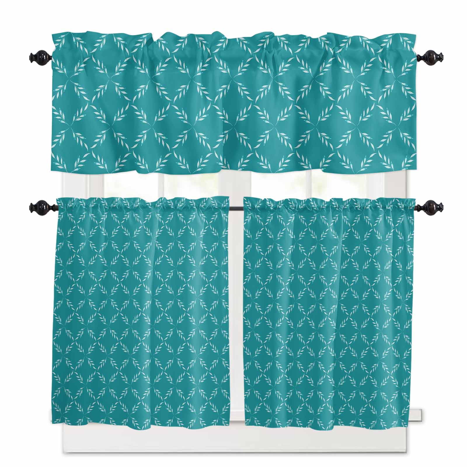 Teal Morocco Kitchen Curtains Set for Windows 3 Pieces,24 Inch Length ...