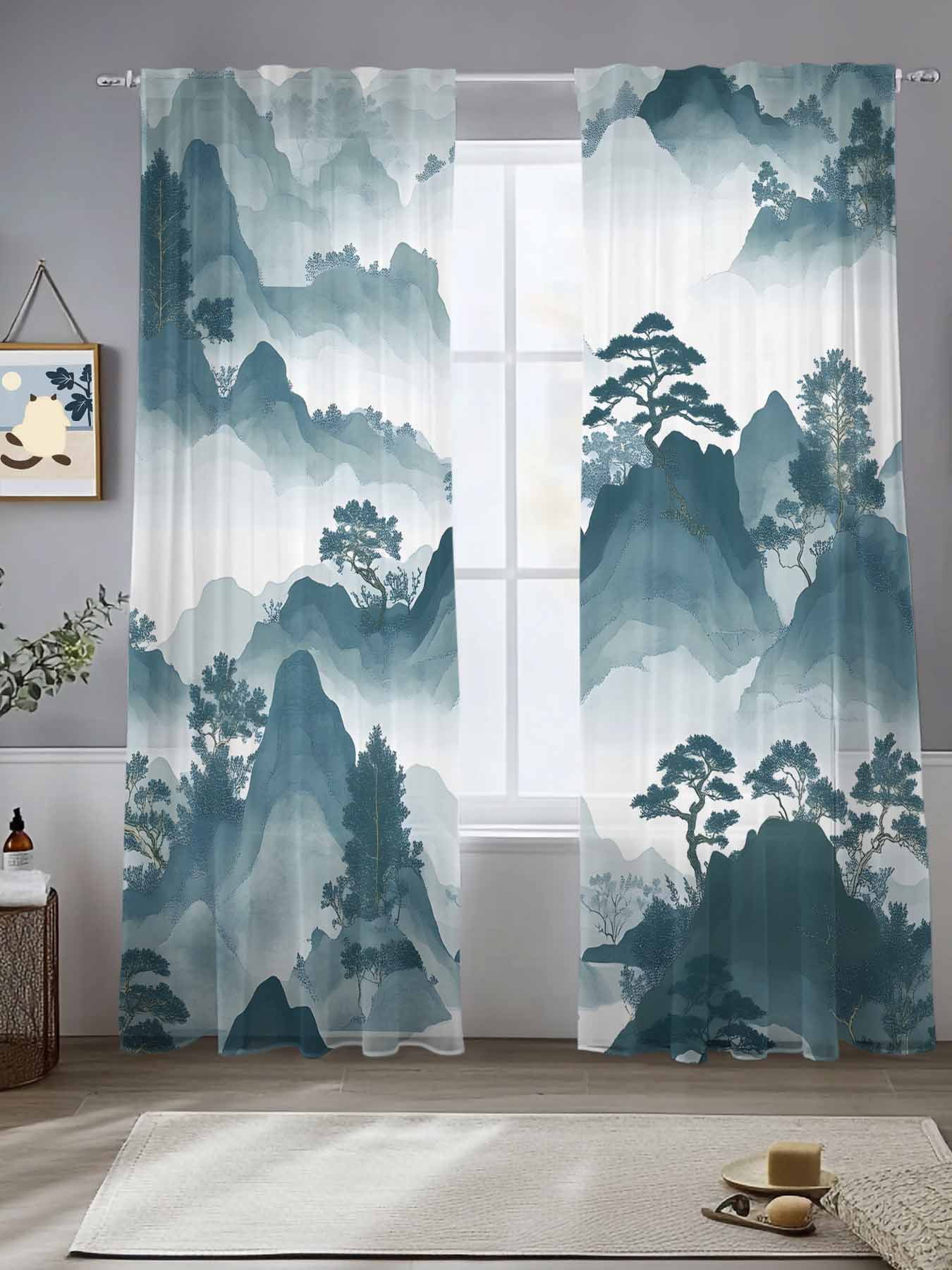 Teal Mountain Forest Sheer Curtains for Living Room Bedroom Retro ...