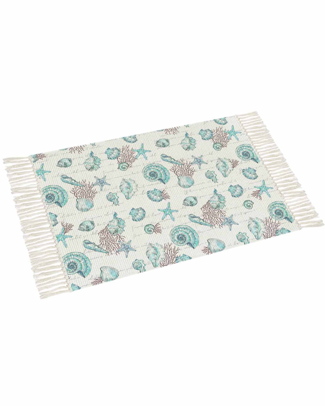 Teal Nautical Bathroom Rug 2'x3', Woven Cotton Area Rug with Tassels ...