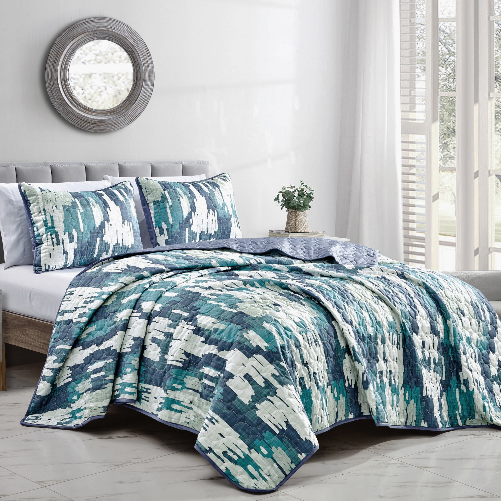 Teal & Navy Abstract Brushstroke 3 Piece Reversible Bedspread Set,Queen ...