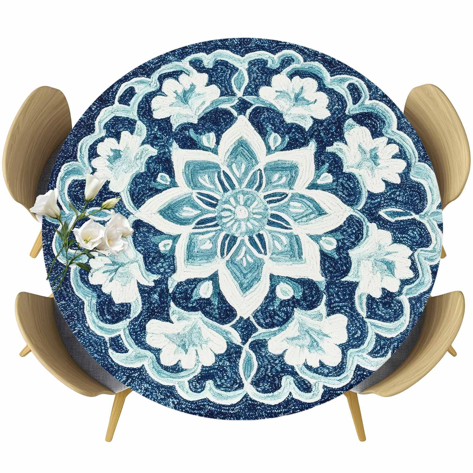 Teal Navy Blue Boho Round Tablecloth 45-54 Inch Round Fitted Table ...