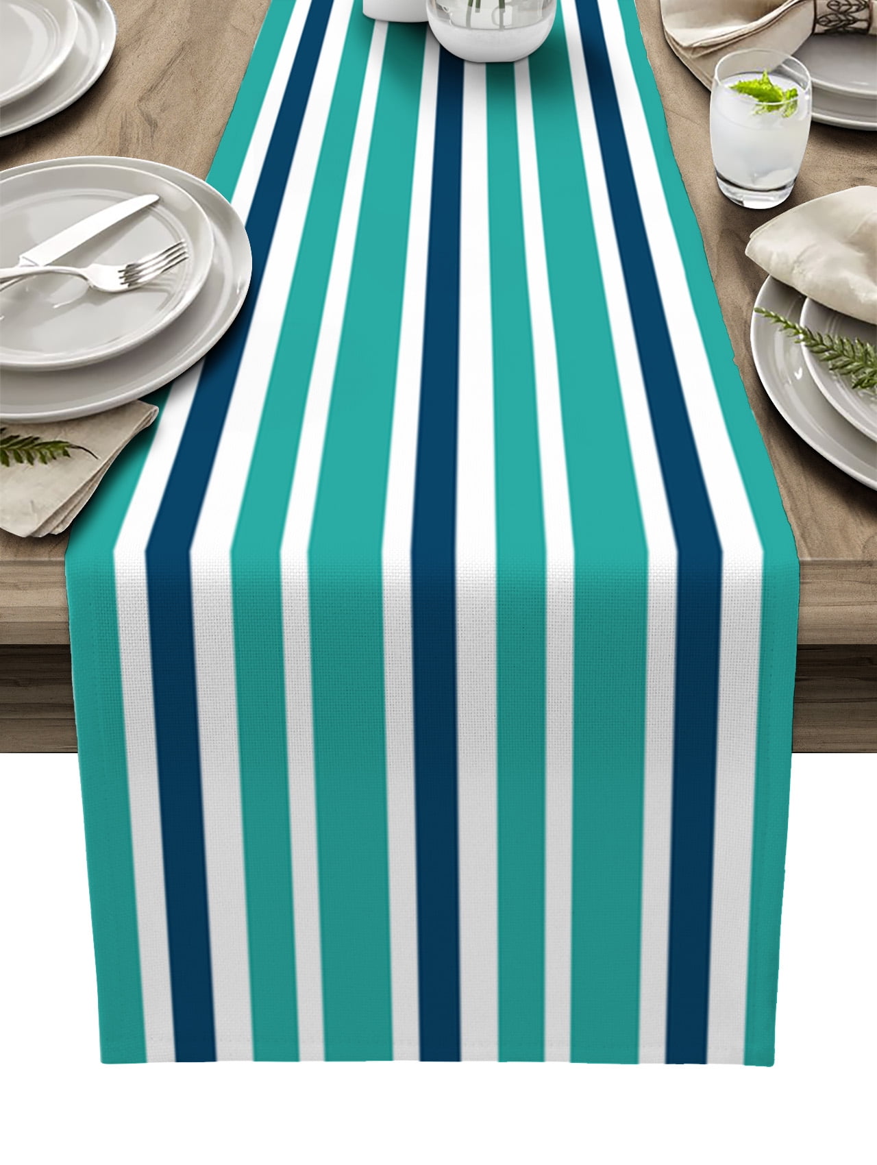 Teal Navy Blue Striped Table Runner 72 Inches, Modern White Abstract ...