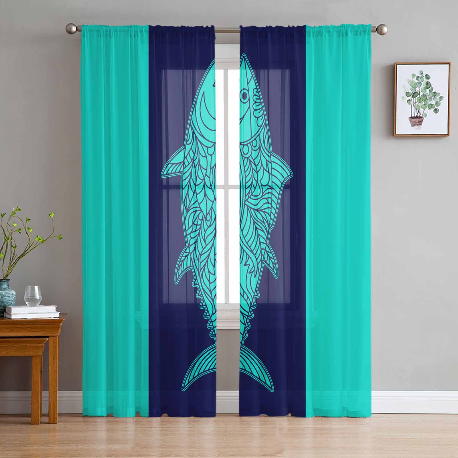 Teal Navy Blue Tuna Semi Sheer Window Curtains 63 Inches Long, Summer ...