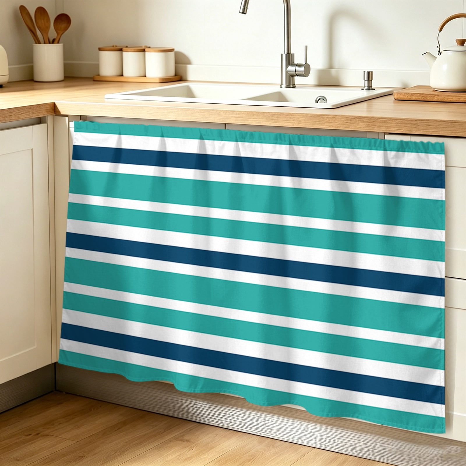 Teal Navy Cabinet Curtain, Blue White Stripe Sink Skirt for Bathroom ...