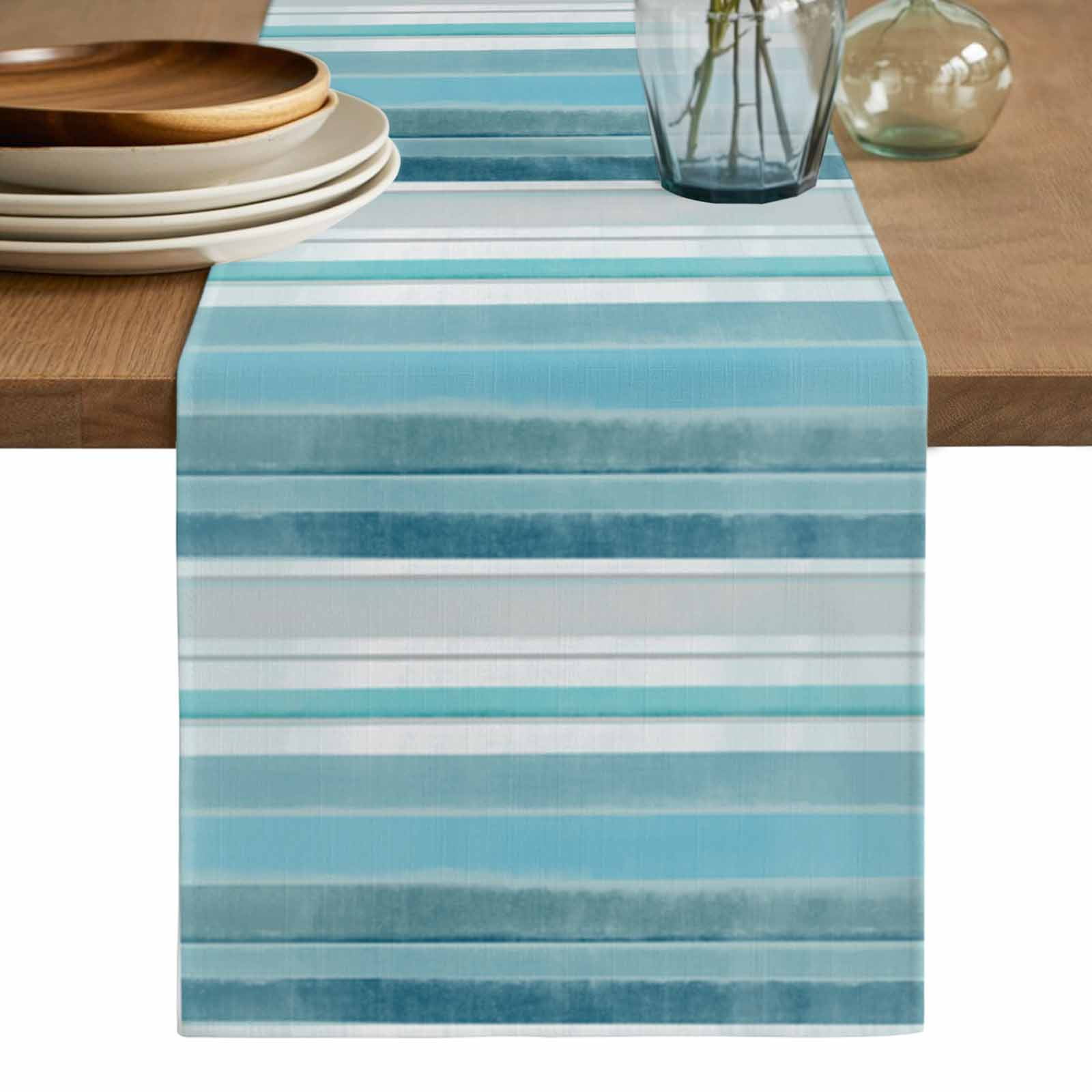 Teal Nordic Style Stripes Table Runner, Turquoise Texture Washable ...