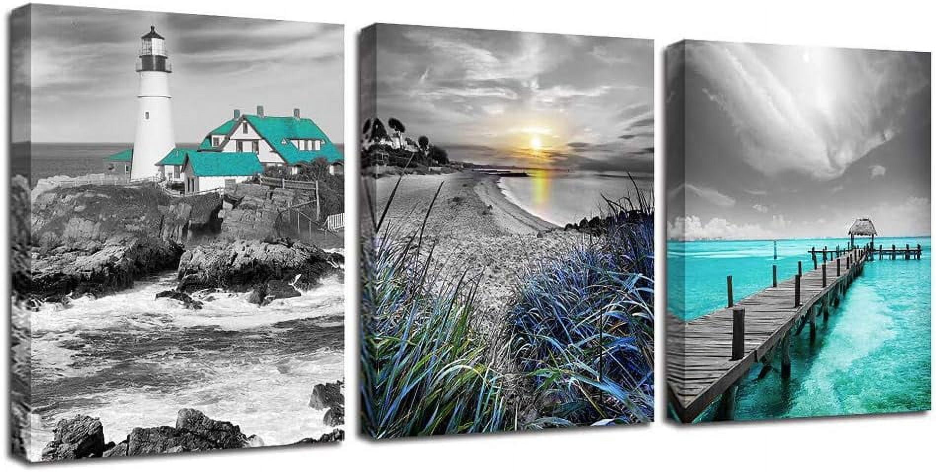 Teal Ocean Canvas Wall Art Seascape Blue Painting Lighthouse Coastal ...