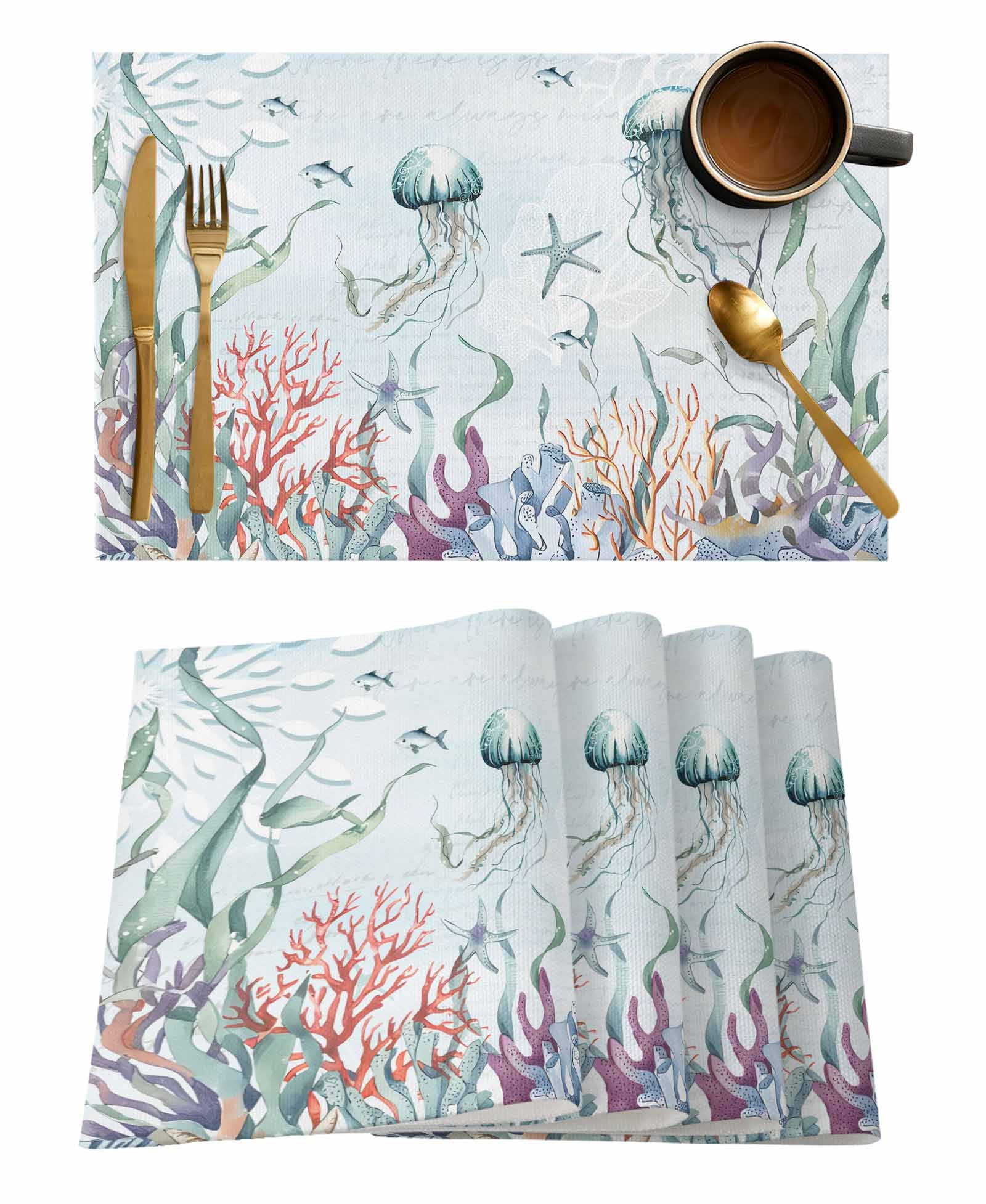 Teal Ocean Placemats Set of 1 Jellyfish Coral Seagrass Marine Life ...