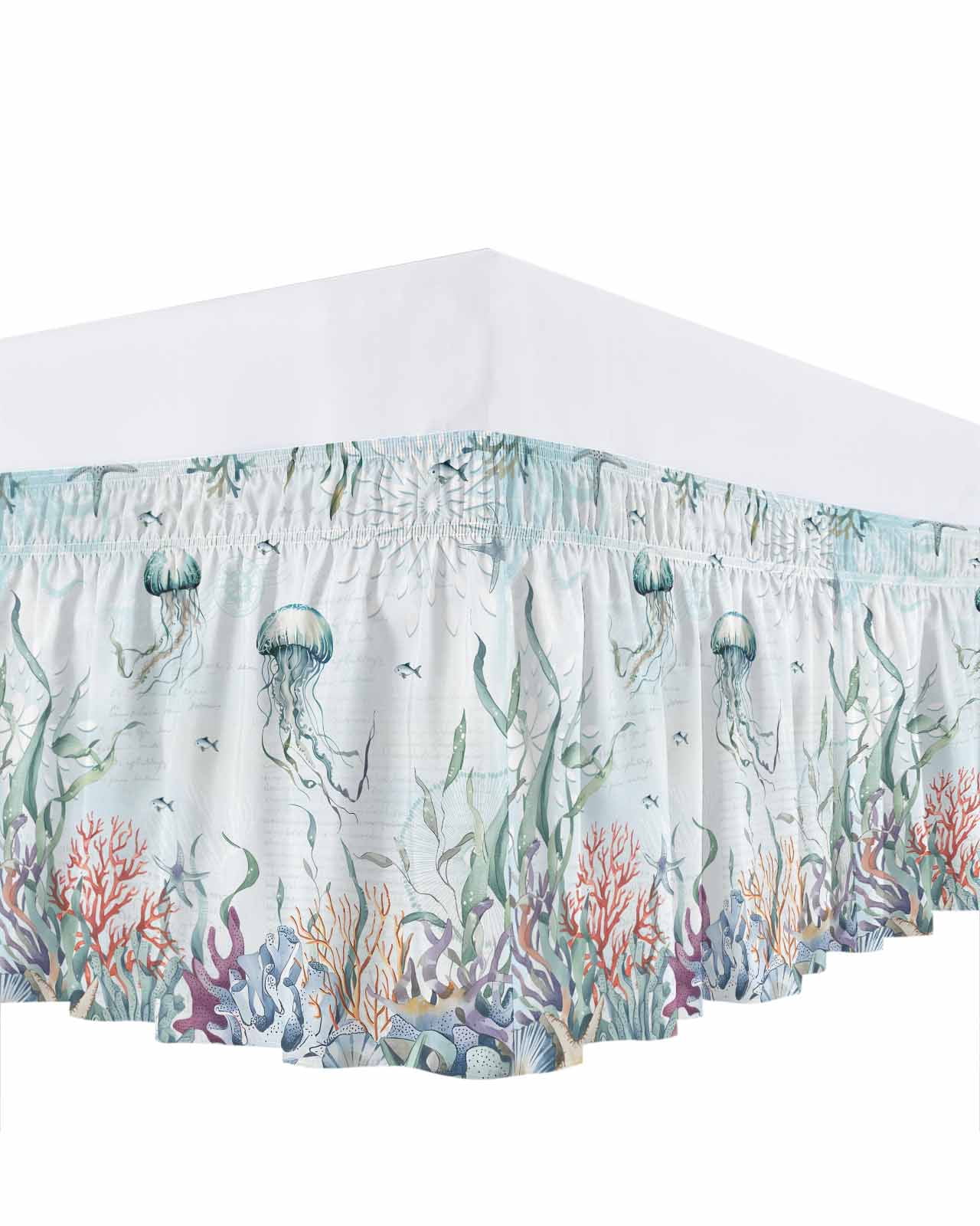 Teal Ocean Ruffle Bed Skirt King Size Jellyfish Coral Seagrass Marine ...