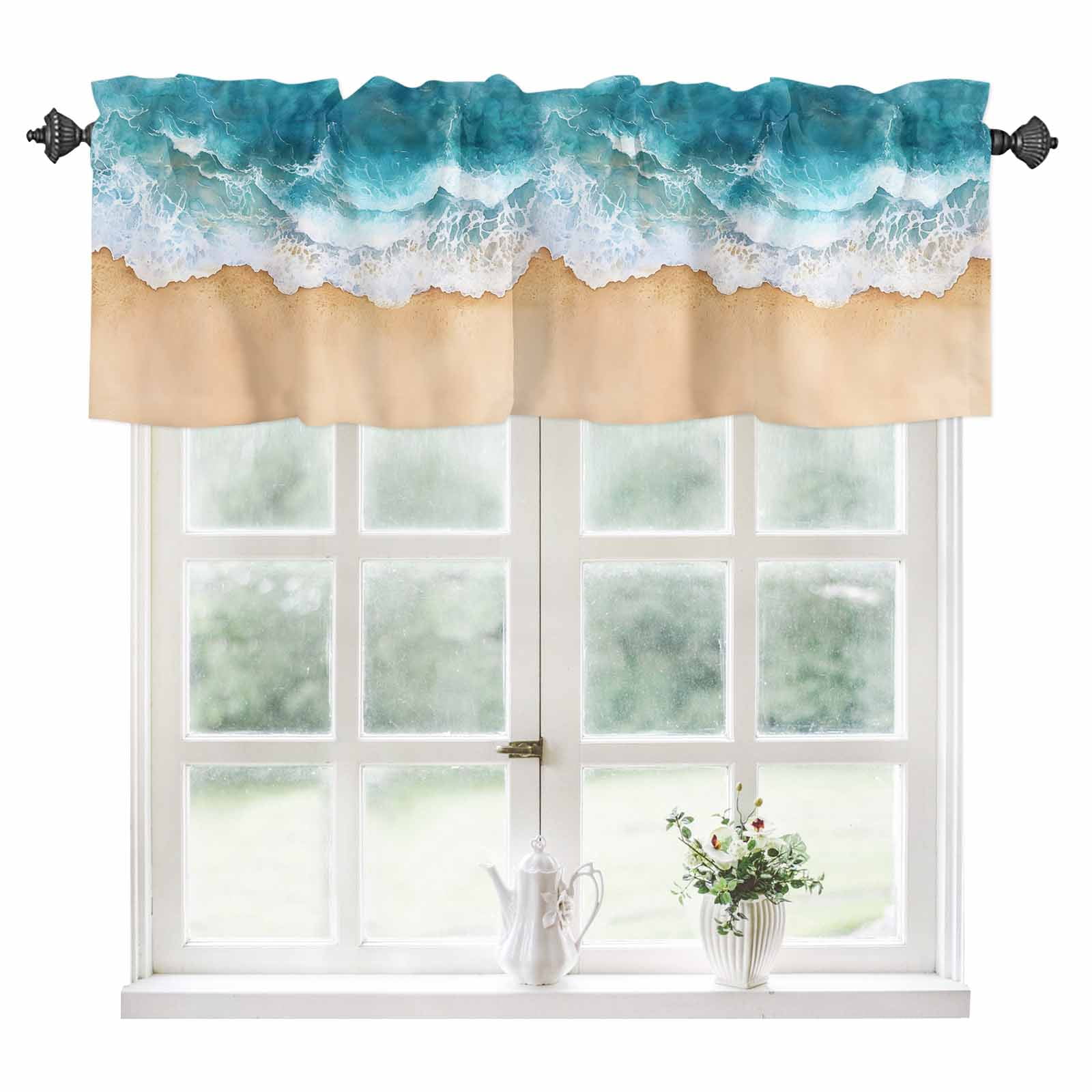 Teal Ocean Waves Kitchen Valances for Windows 42x12 Inch Kitchen ...