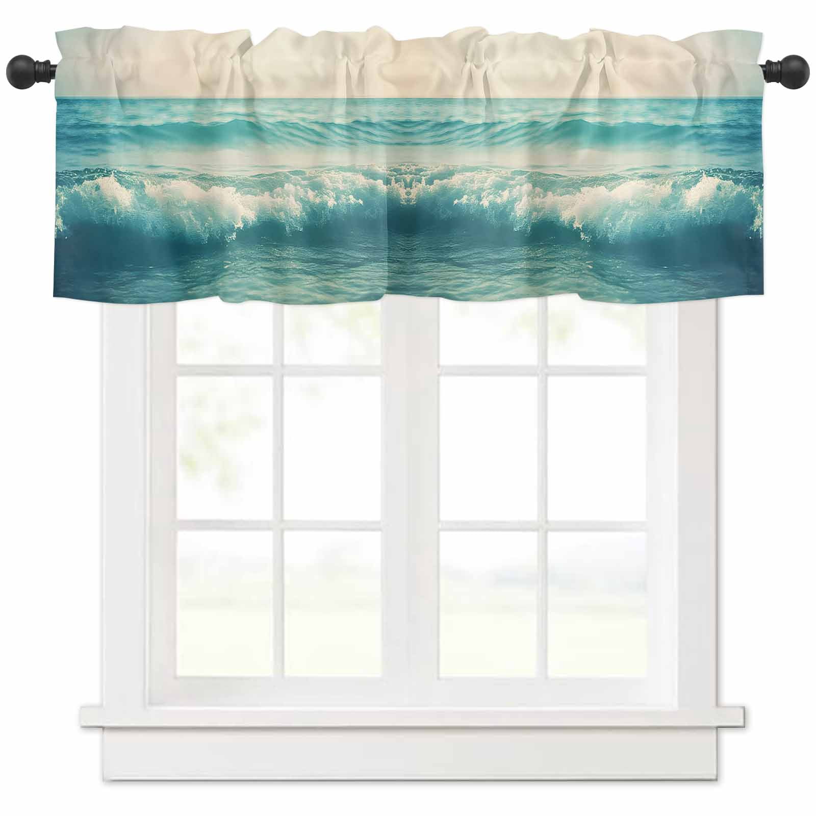 Teal Ocean Waves Retro Valances for Windows Farmhouse Kitchen Curtains ...