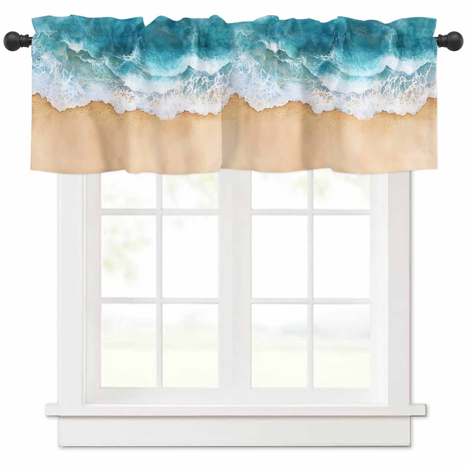 Teal Ocean Waves Valances for Windows Farmhouse Kitchen Curtains ...