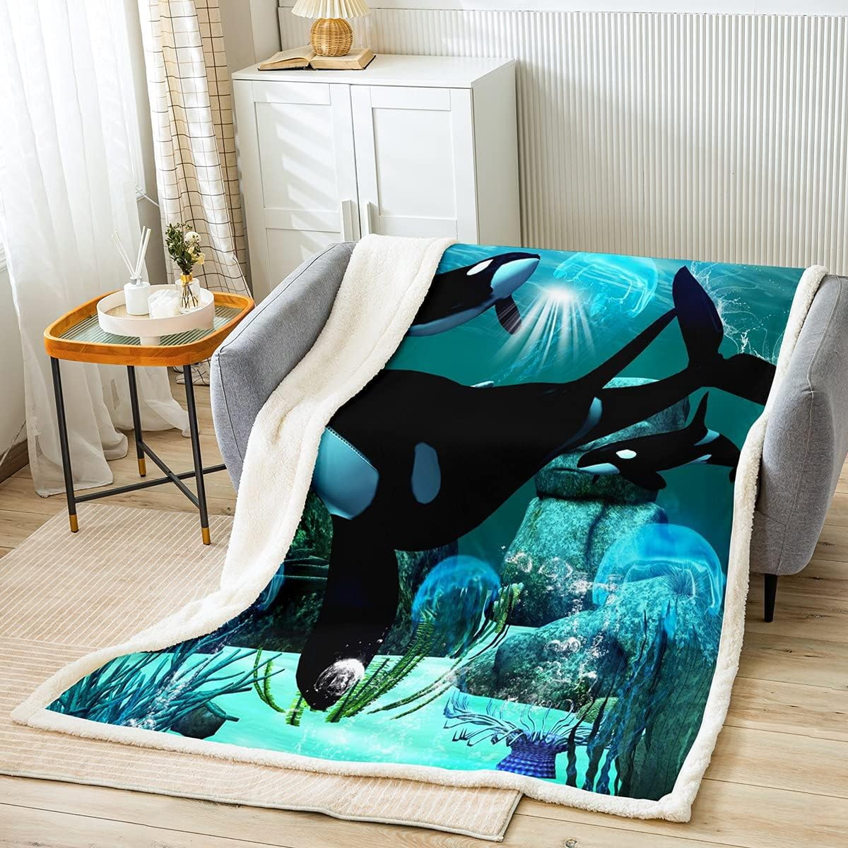 Teal Ocean Whale Blanket Throw Jellyfish Killer Whale Sherpa Blanket ...