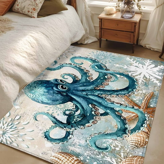 Teal Octopus Coastal 2.7x5 Area Rugs, Summer Beach Vintage Nautical Non ...
