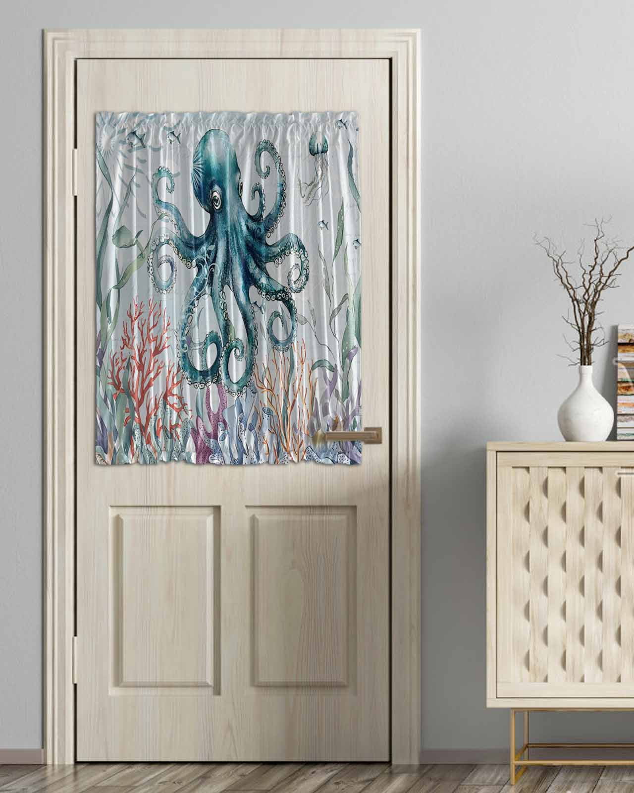 Teal Octopus Coastal Blackout Door Curtains for French, Glass,Front ...