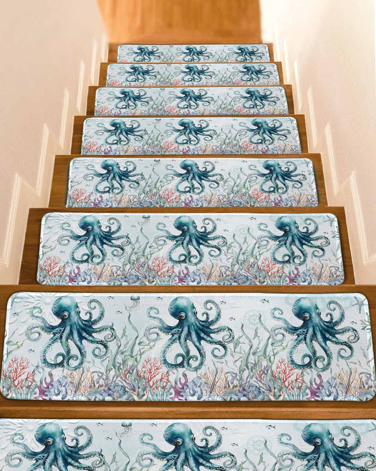 Teal Octopus Coastal Stair Treads for Wooden Steps Indoor Runner Rug ...