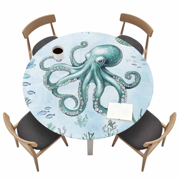 Teal Octopus Round Fitted Tablecloth with Elastic Edge Summer Shell ...