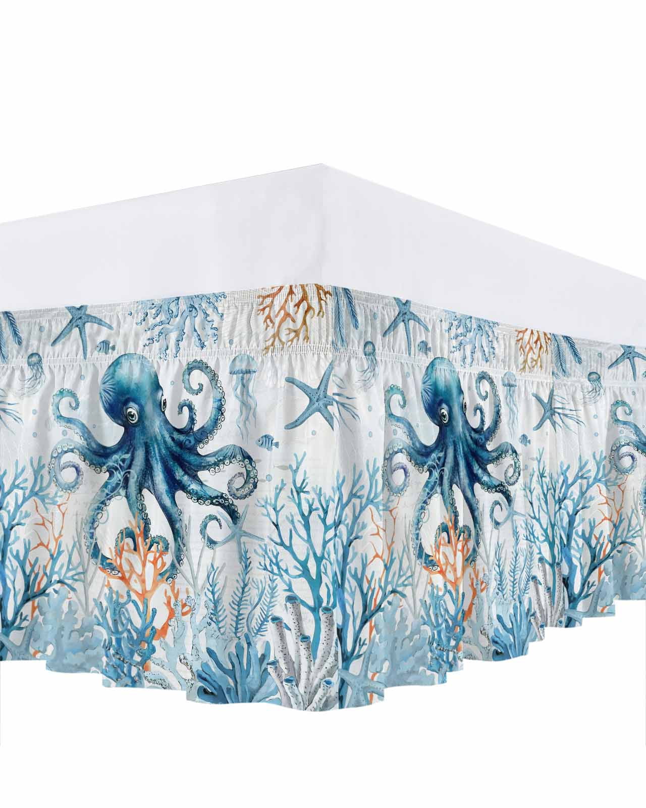 Teal Octopus Ruffle Bed Skirt Queen Size Coral Starfish Underwater ...