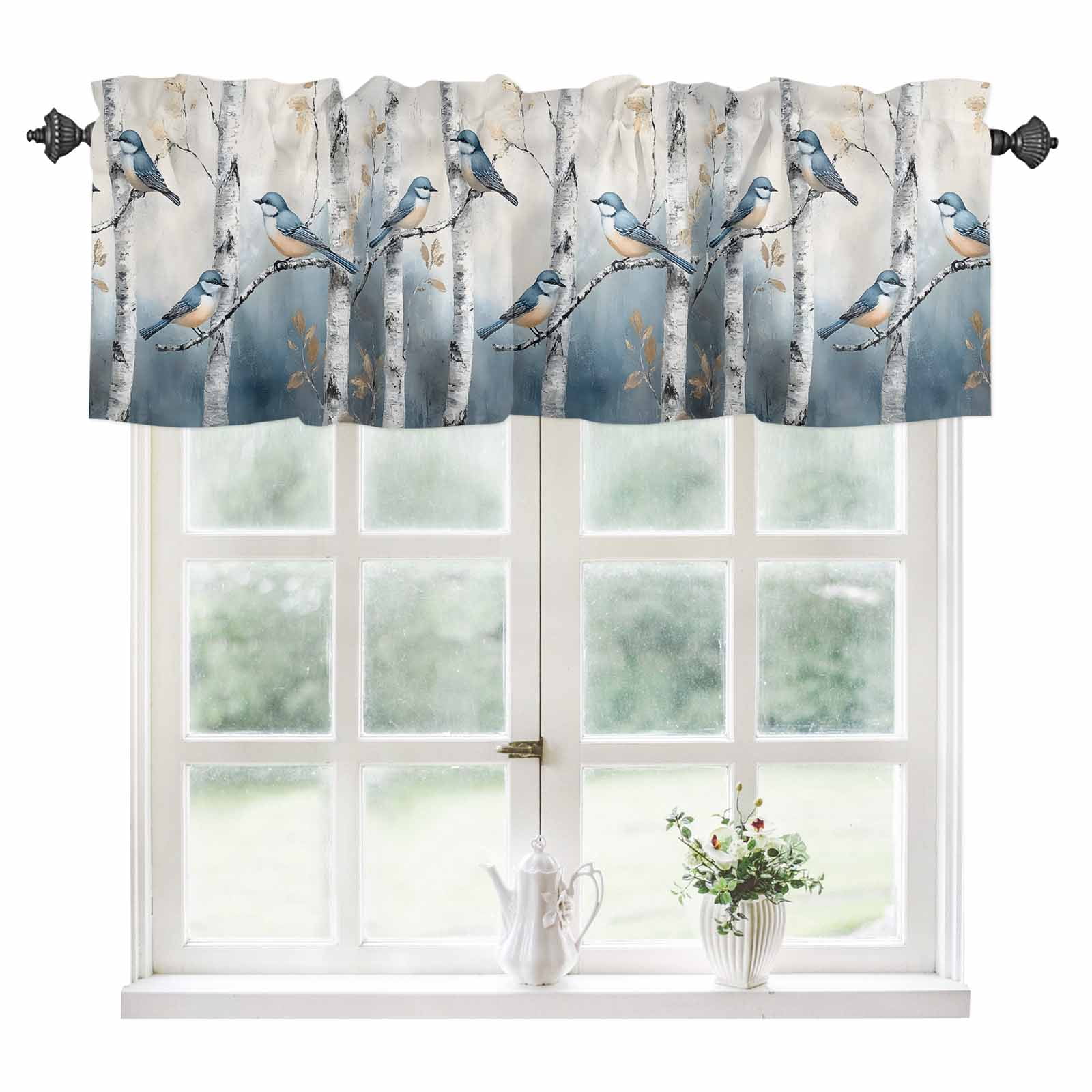 Teal Oil Painting Birds Kitchen Valances for Windows 60x18 Inch Kitchen ...