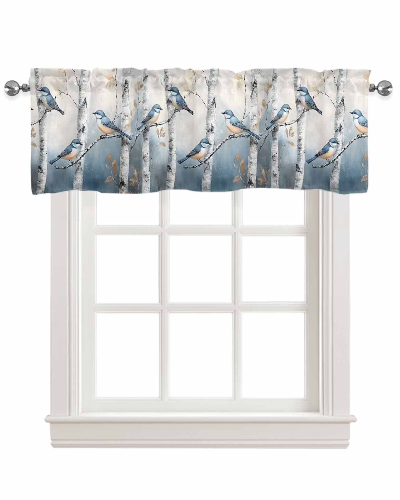 Teal Oil Painting Birds Kitchen Valances for Windows Farmhouse Linen ...