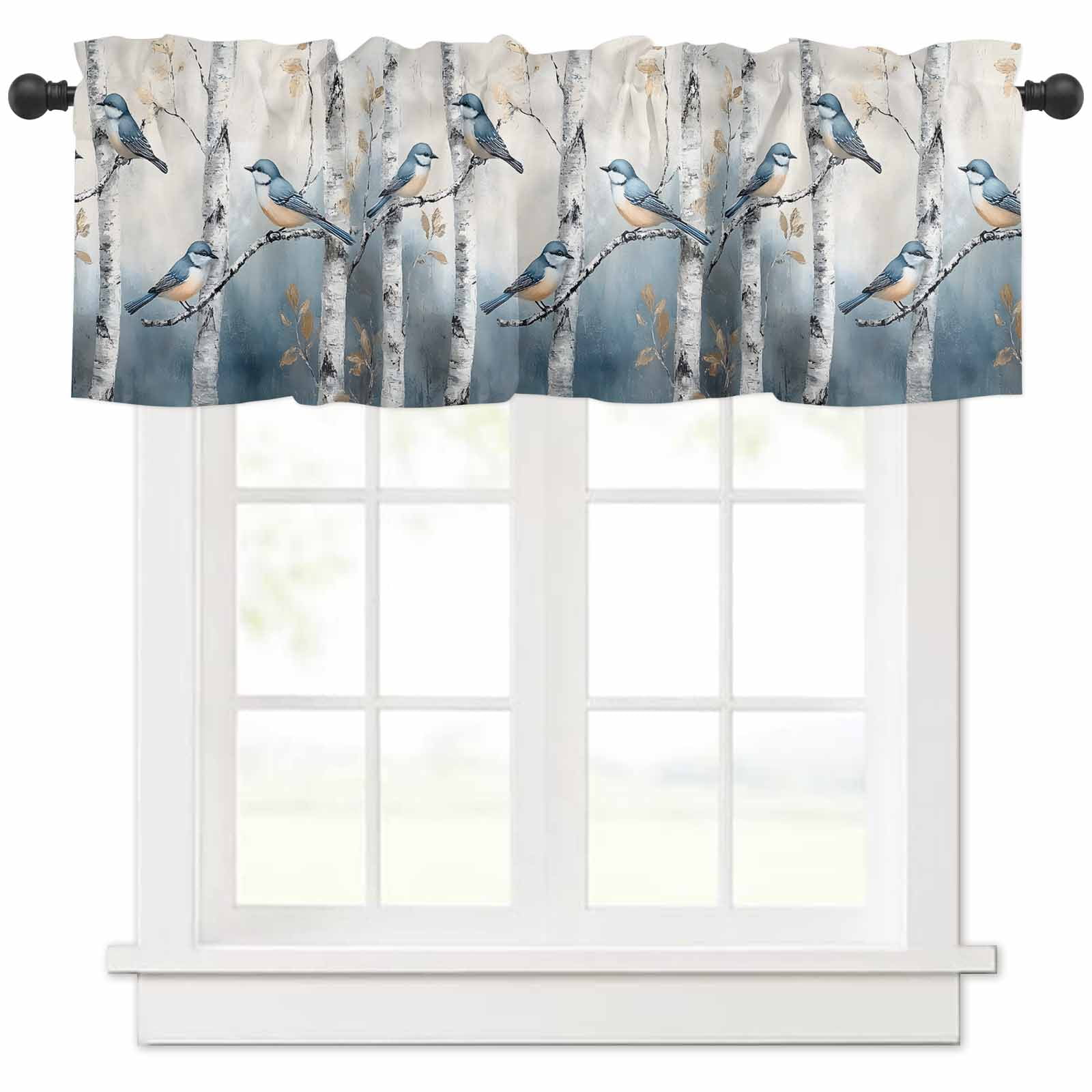 Teal Oil Painting Birds Valances for Windows Farmhouse Kitchen Curtains ...