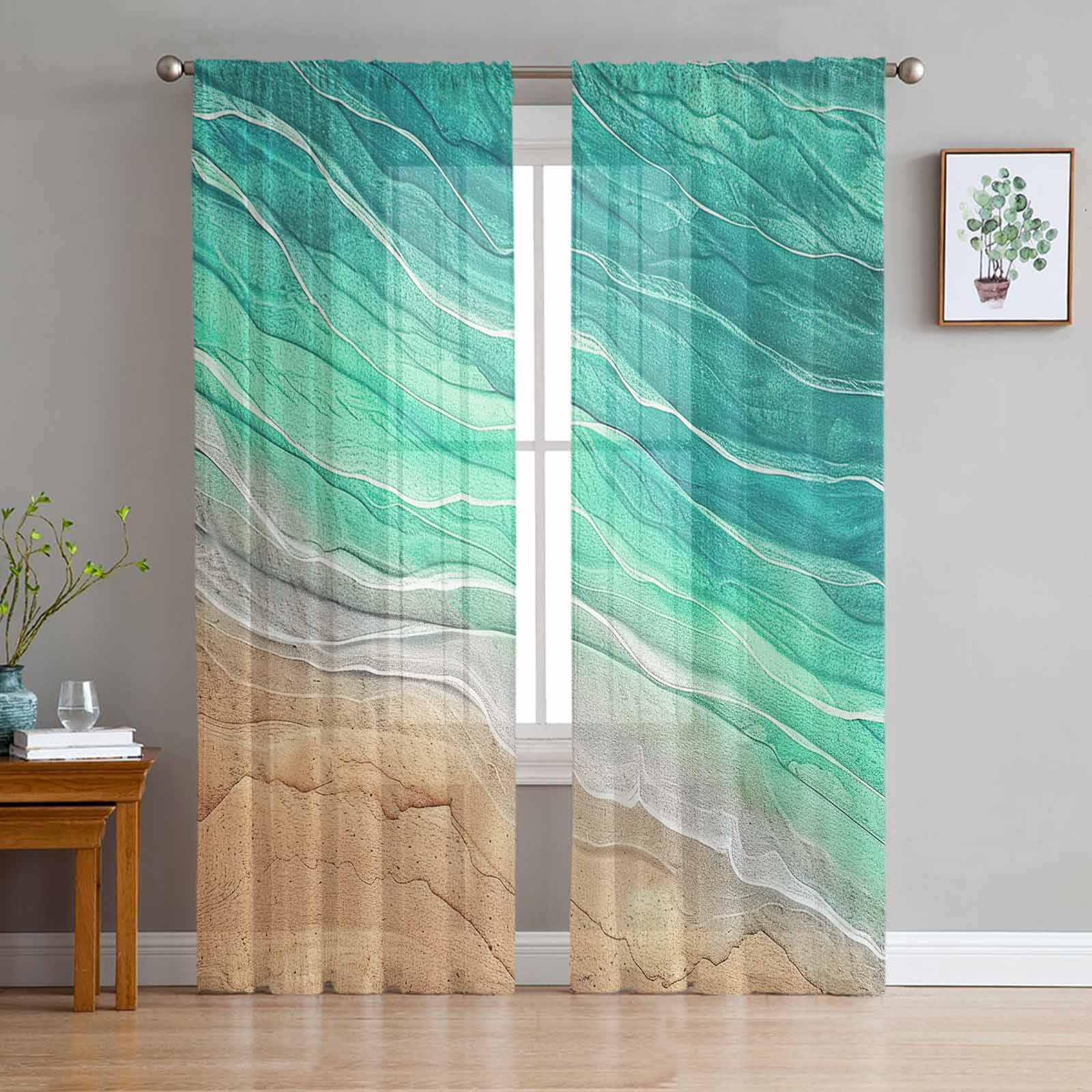 Teal Ombre Coastal Sheer Curtains 108 Inch Length 2 Panels Set for ...