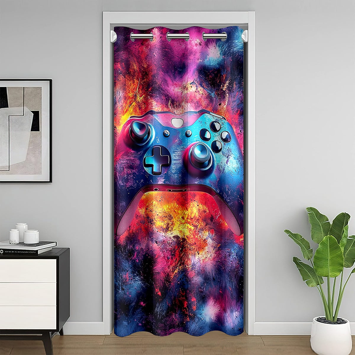 Teal Ombre Gamer Door Drape,Burning Video Games with Fire Door Curtain ...