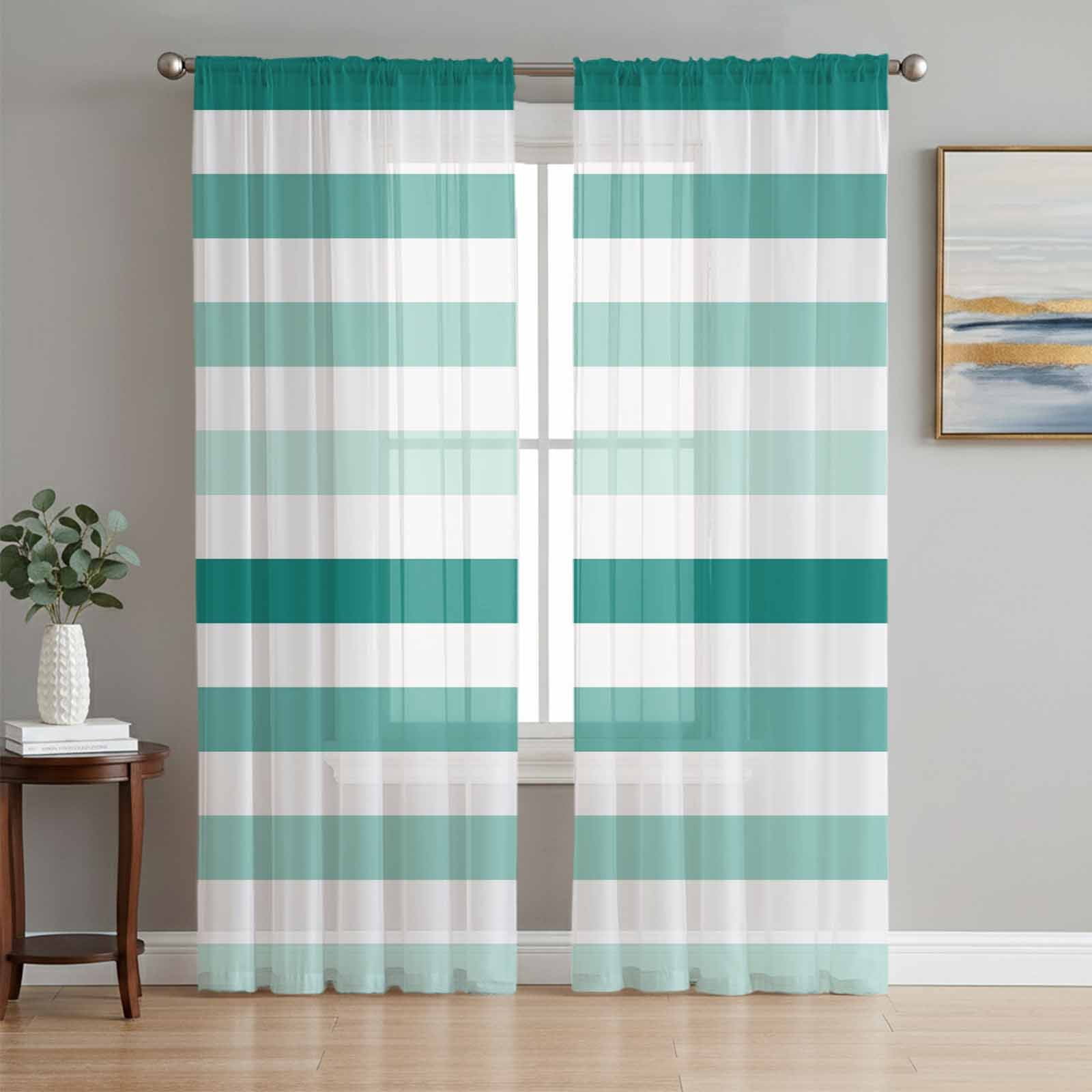 Teal Ombre Grey Striped Sheer Curtains 96 Inch Length 2 Panels Set ...