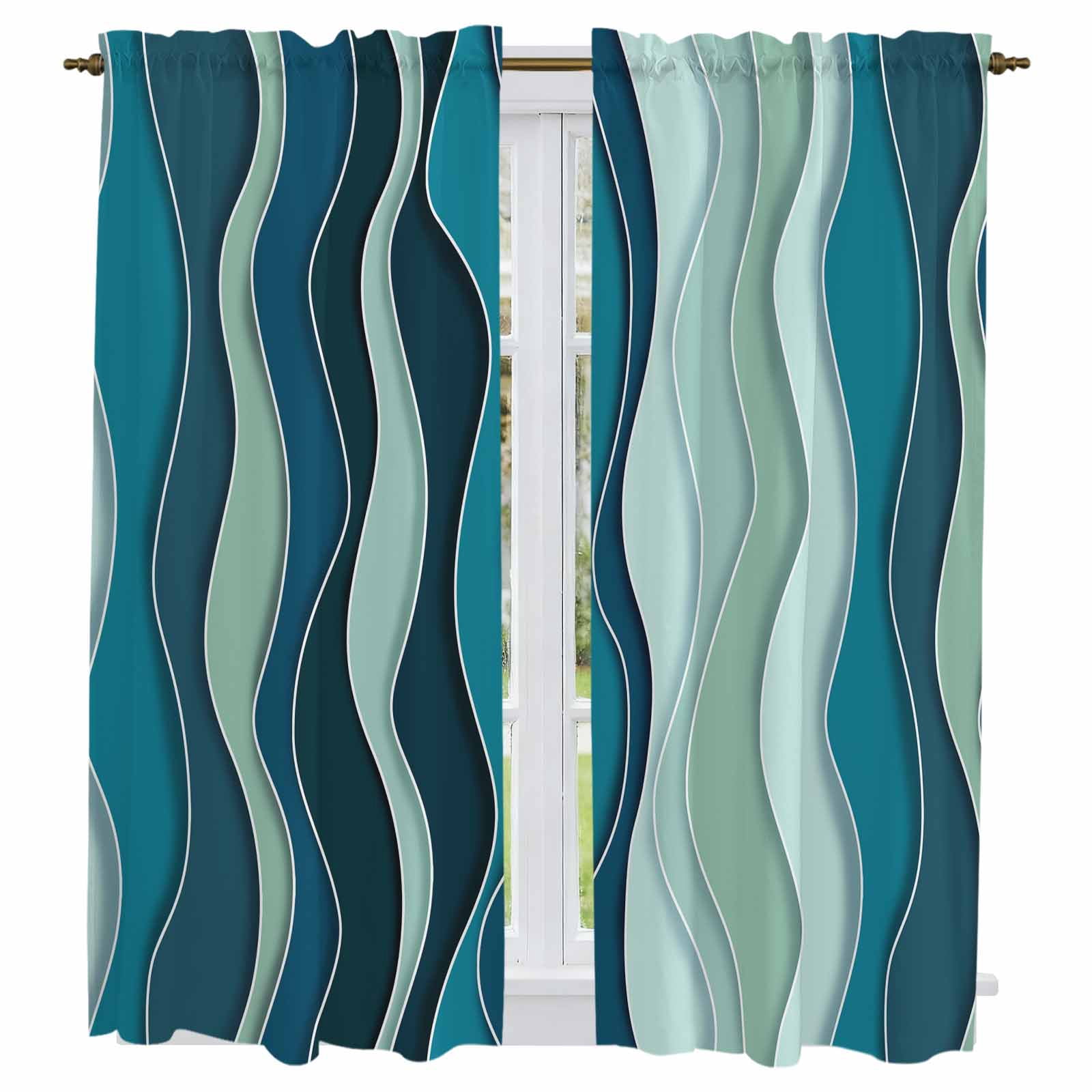 Teal Ombre Kitchen Curtains, Abstract Art Moire Ocean Waves Light ...