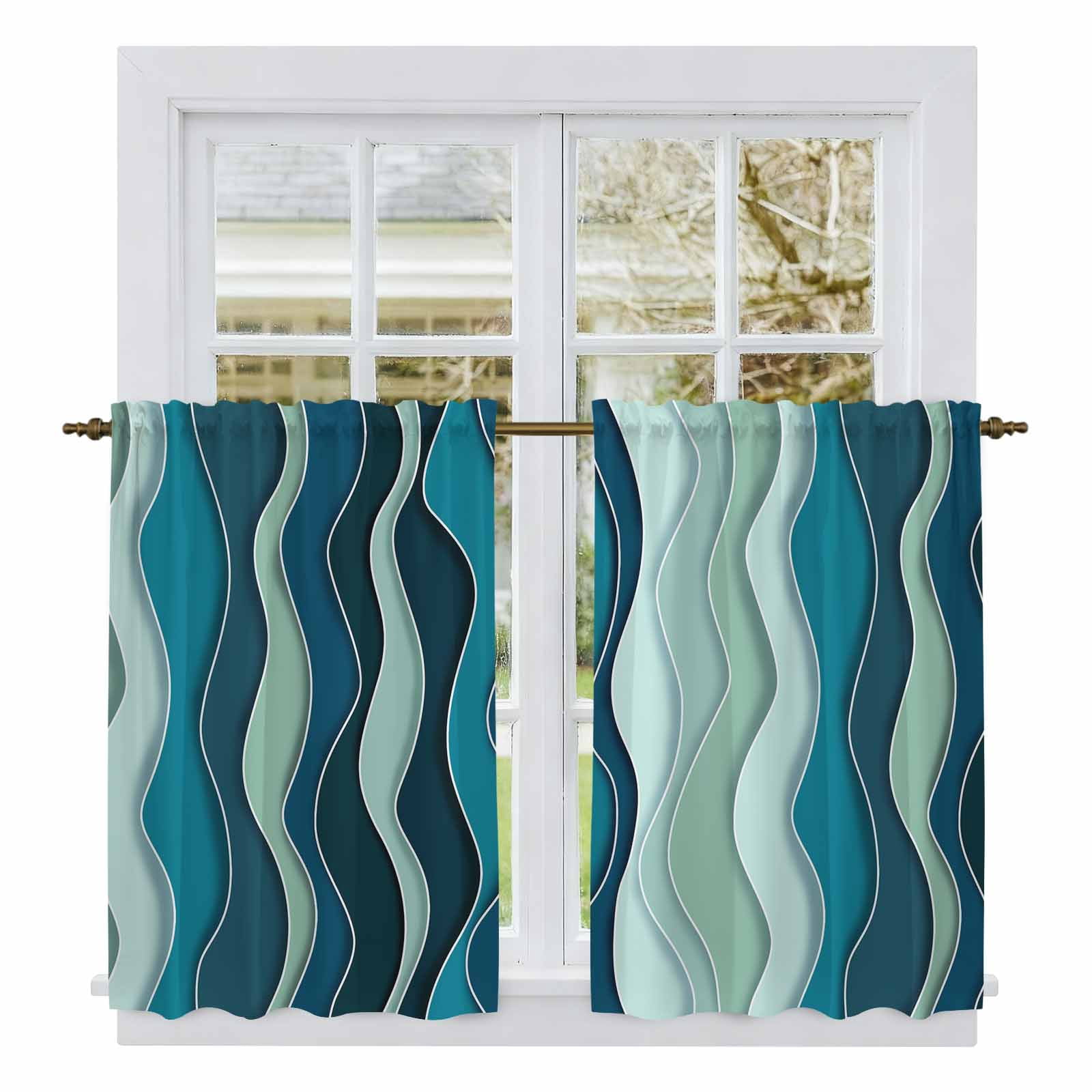 Teal Ombre Kitchen Curtains, Abstract Art Moire Ocean Waves Light ...