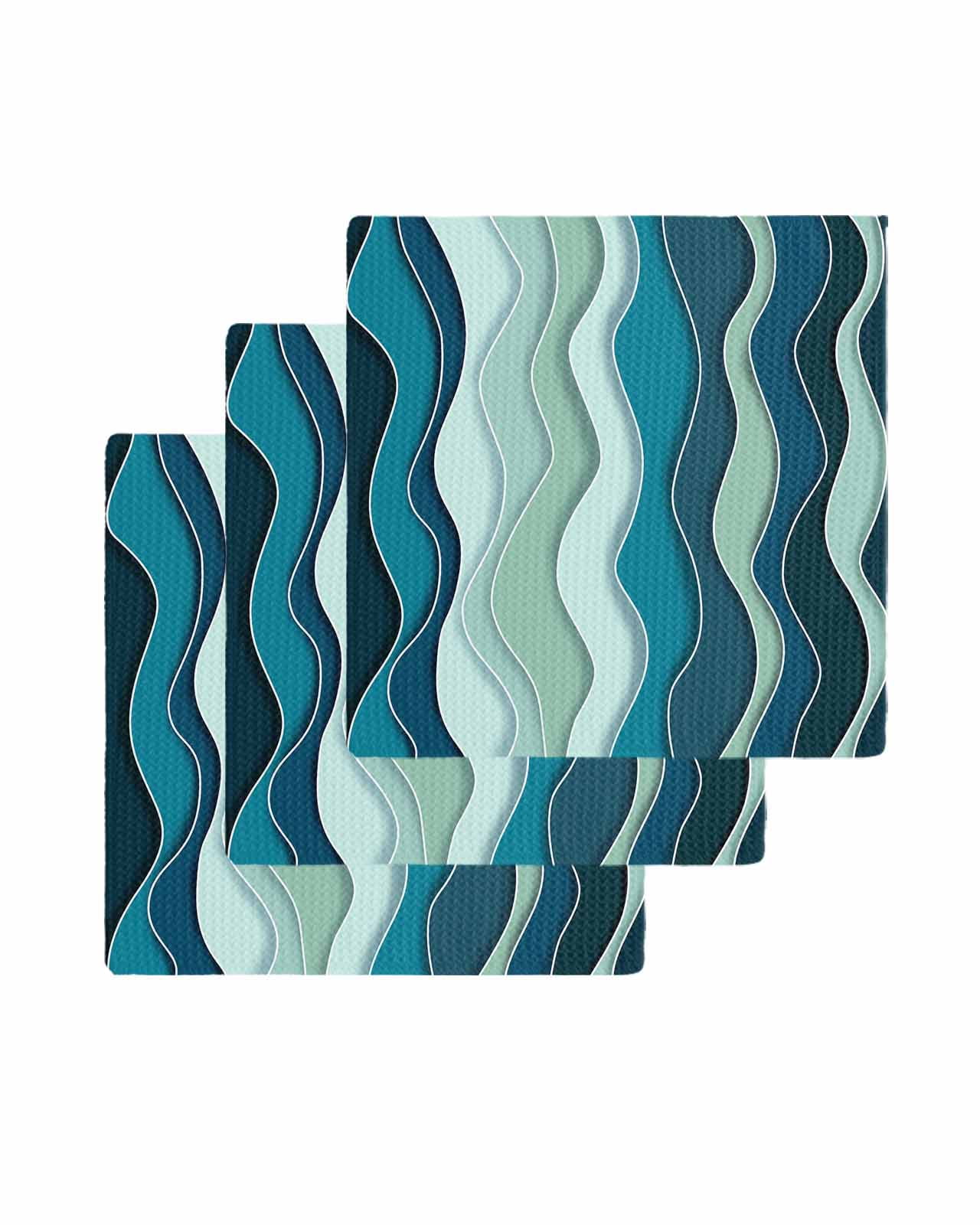 Teal Ombre Kitchen Dish Towels for Drying Dishes Set of 3, Abstract Art Moire Ocean Waves Waffle ...