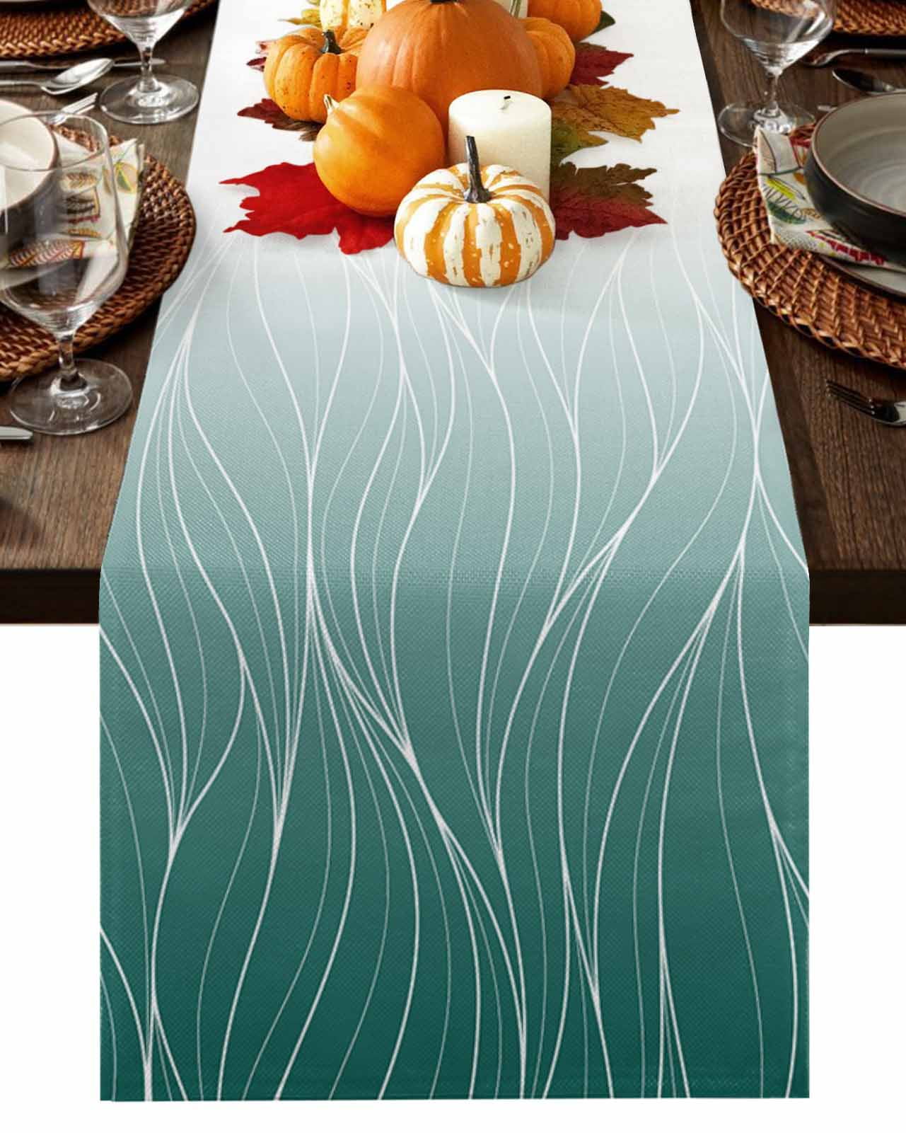 Teal Ombre Lines Table Runner-Cotton Linen- 72 Inch Holiday Dresser Scarves, Simple White Green ...