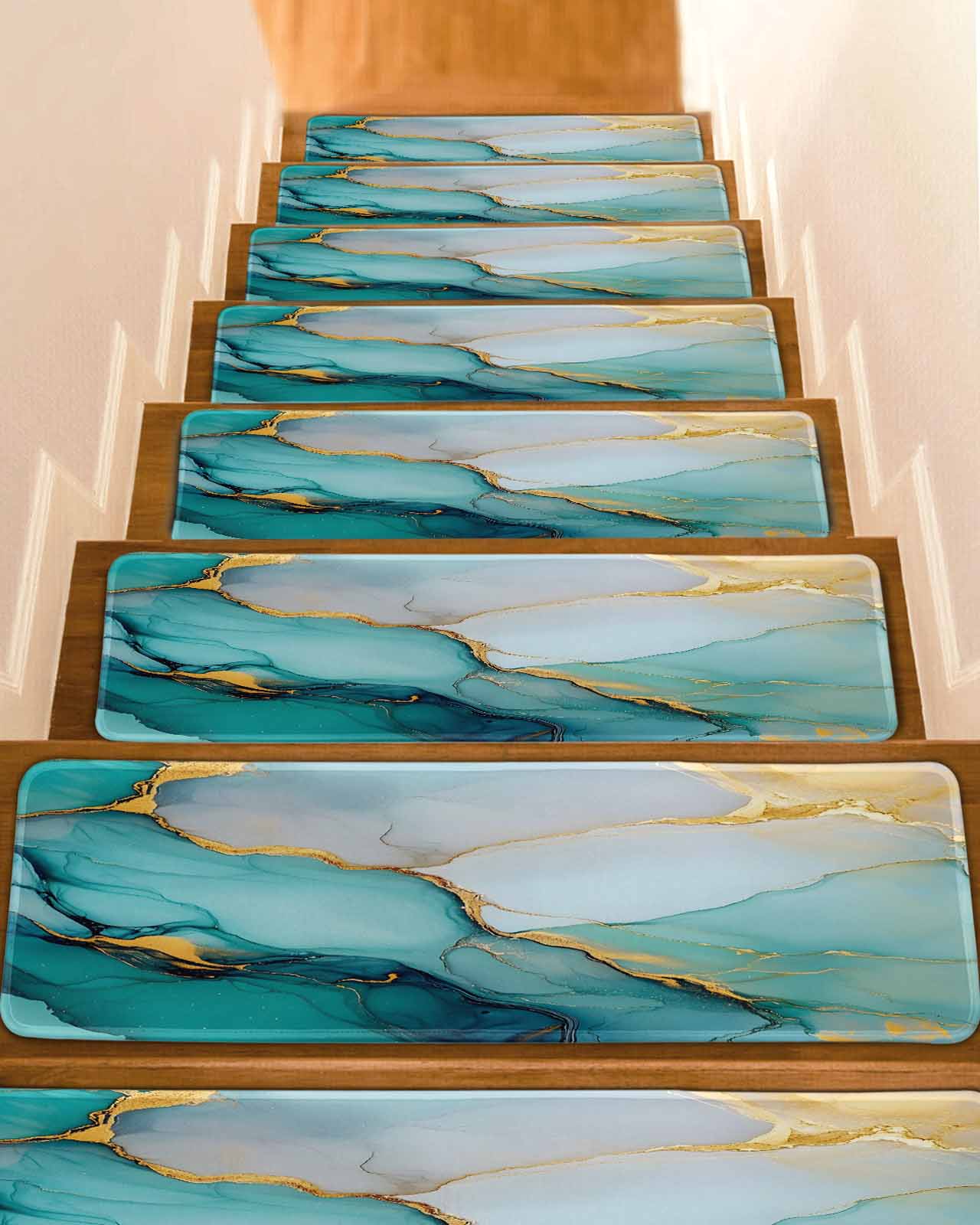 Teal Ombre Marble Non-Slip Stair Treads for Wooden Steps, 10 Pack ...