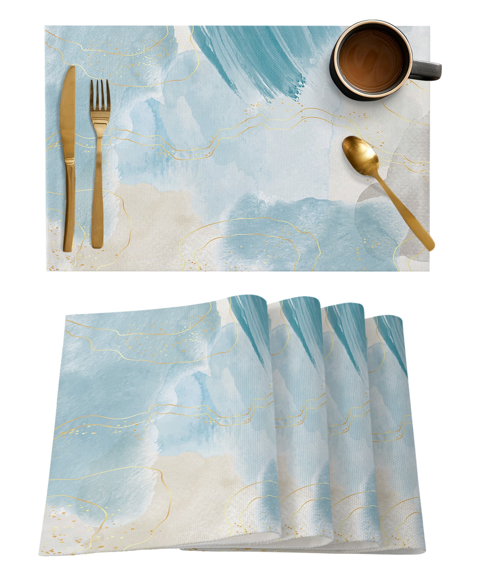 Teal Ombre Marble Placemats Set of 4, Yellow Modern Geometric Abstract ...