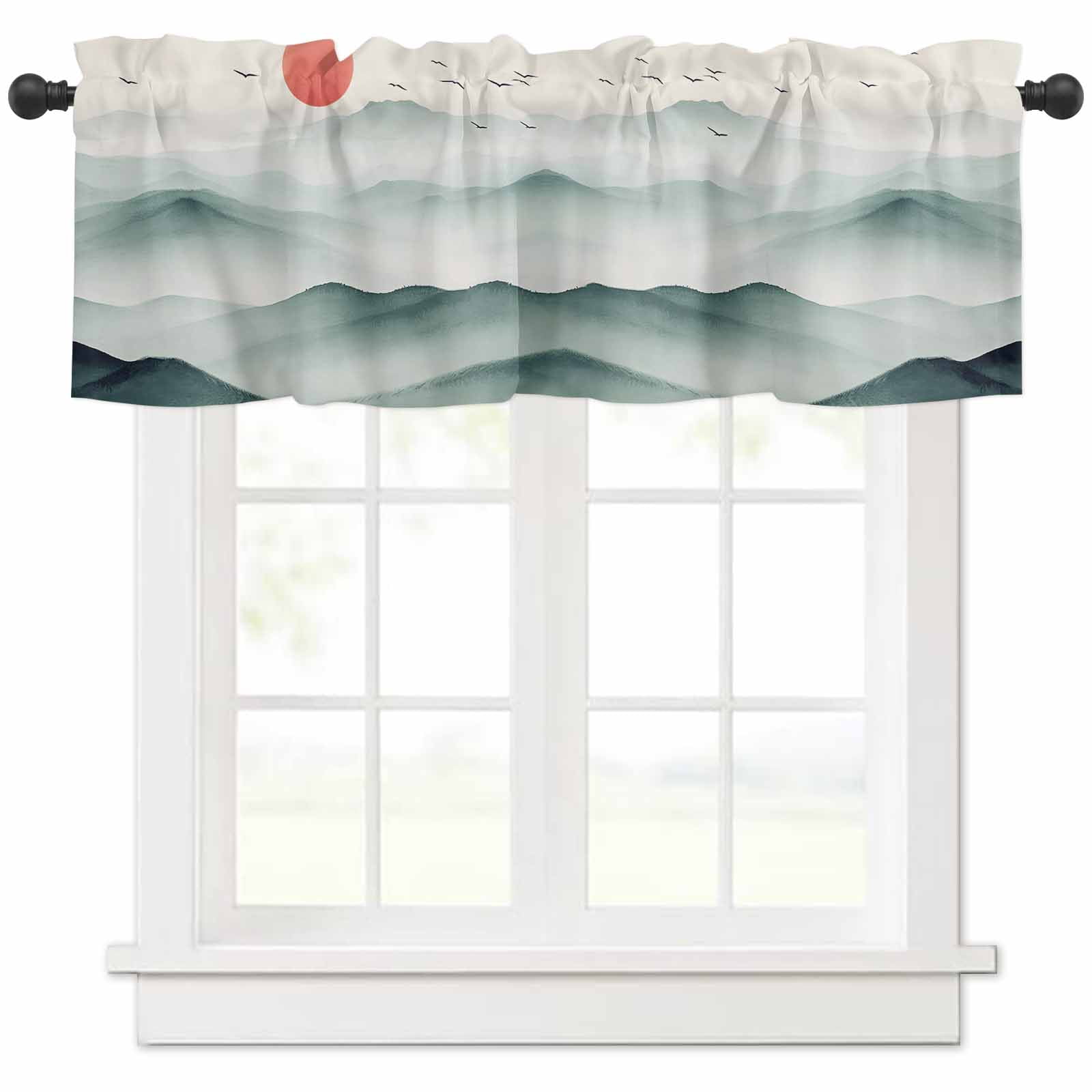 Teal Ombre Mountain Valances for Windows Farmhouse Kitchen Curtains ...