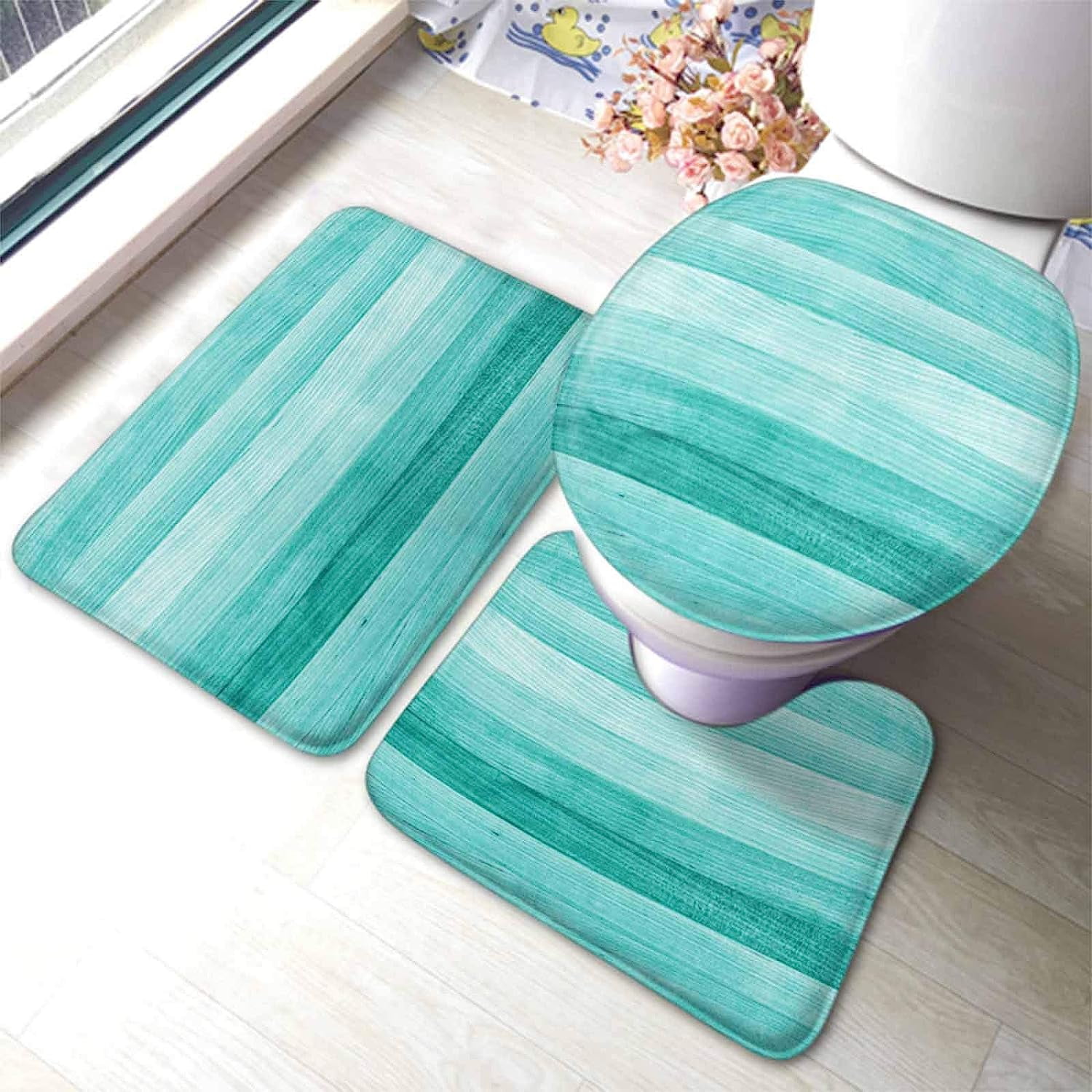 Teal Or Turquoise Green Bathroom Rugs and Mats Sets 3 Piece Wood ...
