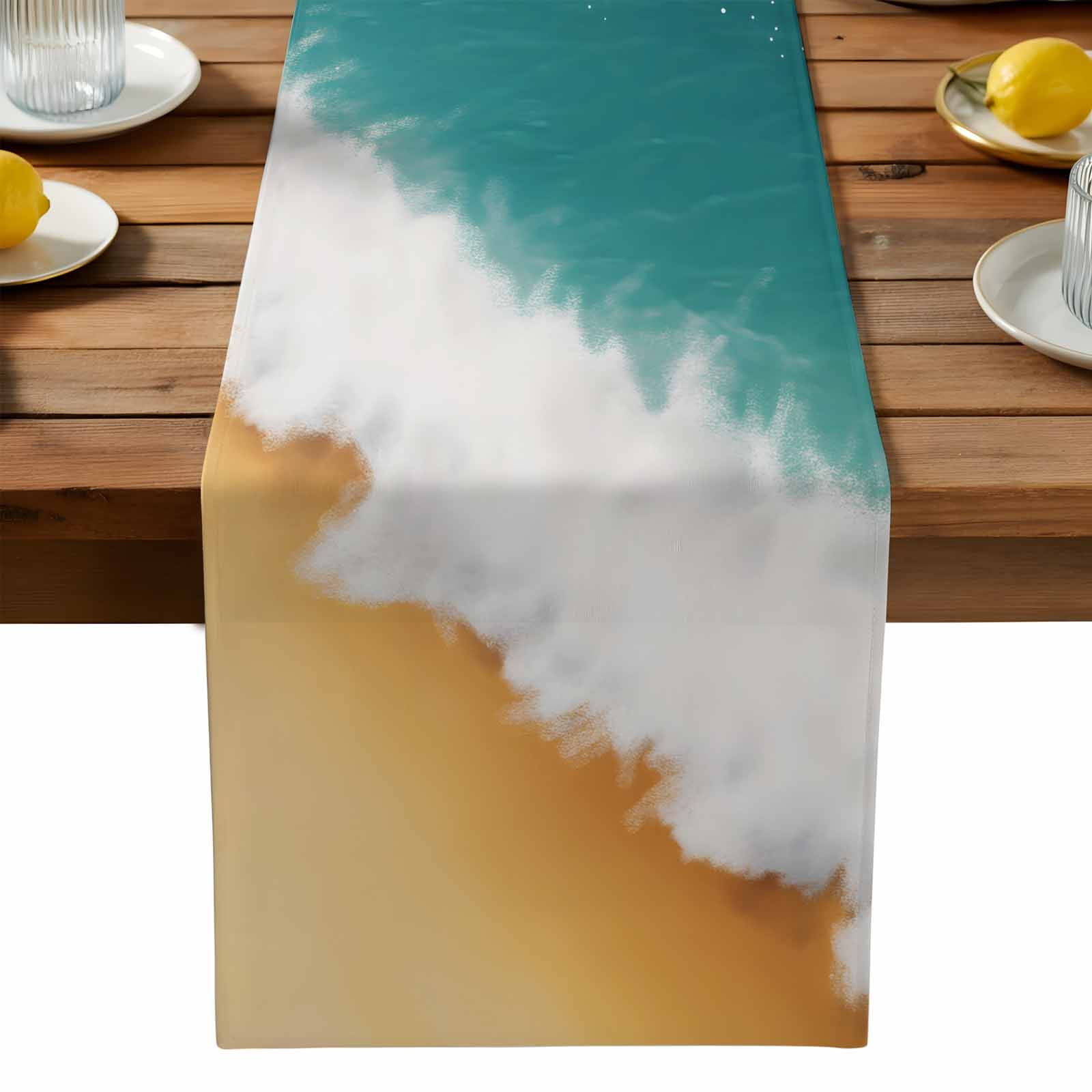 Teal Orange Beach Table Runner, Abstract Watercolor Wave Cotton Linen ...
