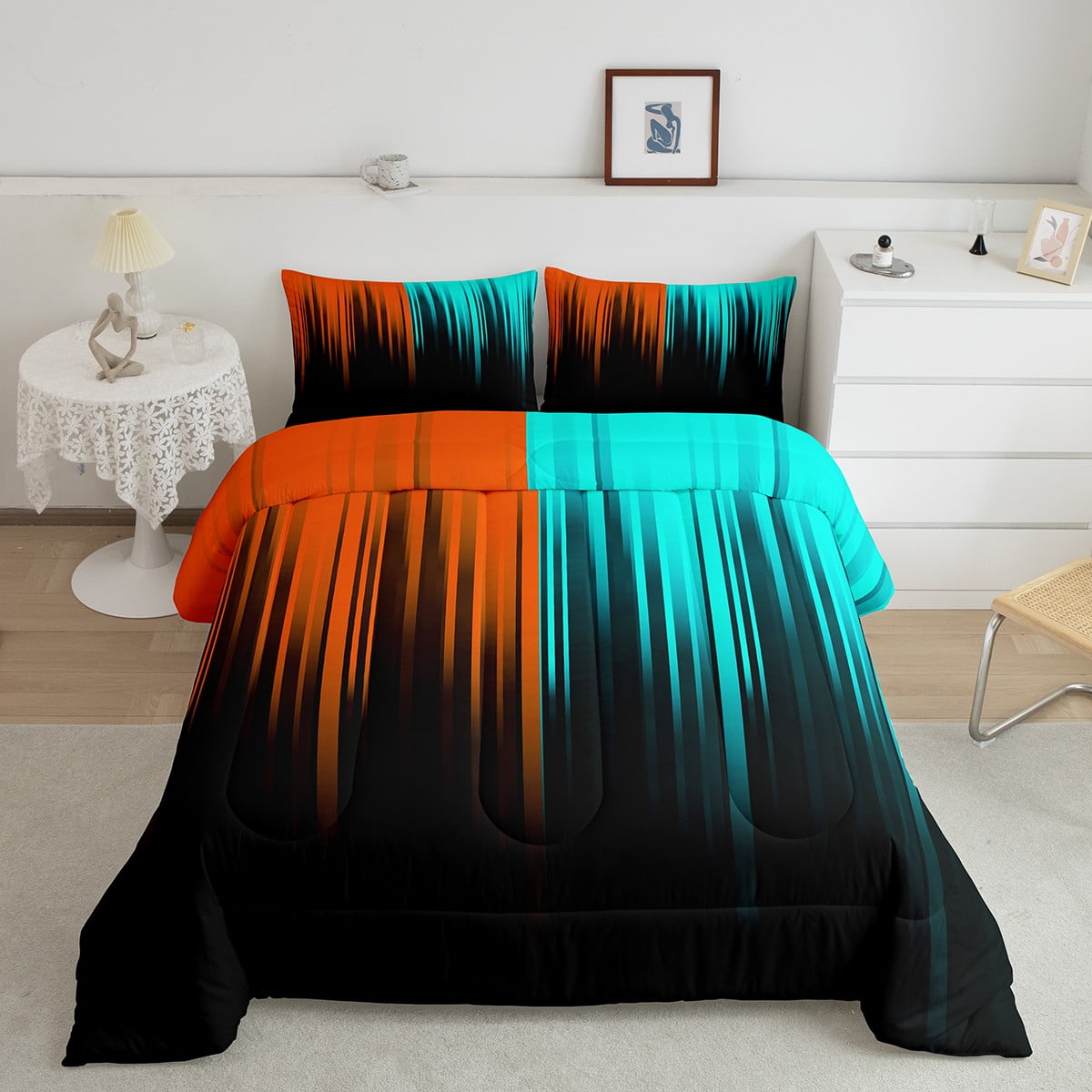 Teal Orange Black Comforter Set Full Abstract Gradient Stripes Bedding ...