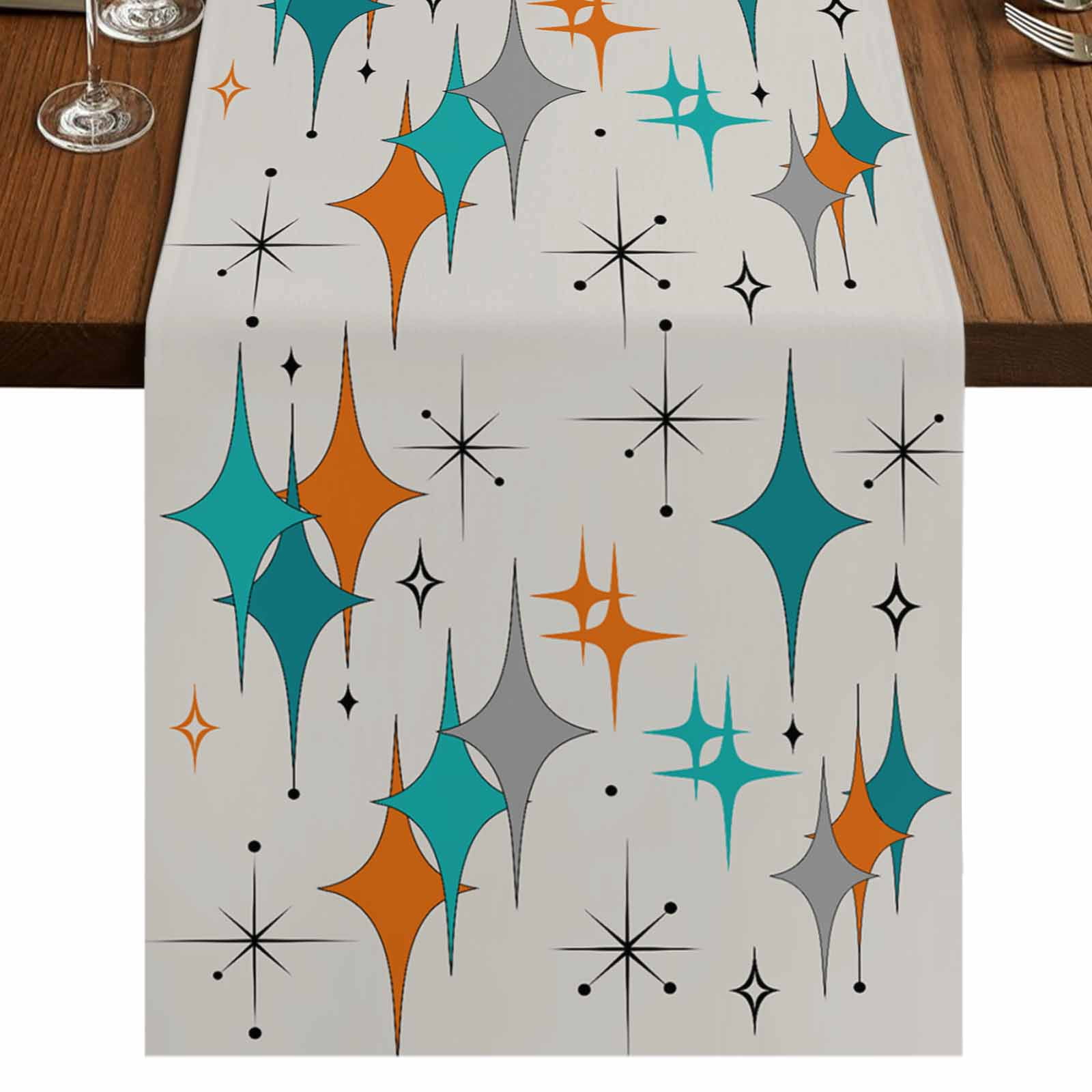 Teal Orange Boho 120 Inch Table Runner, Middle Century Geometric ...