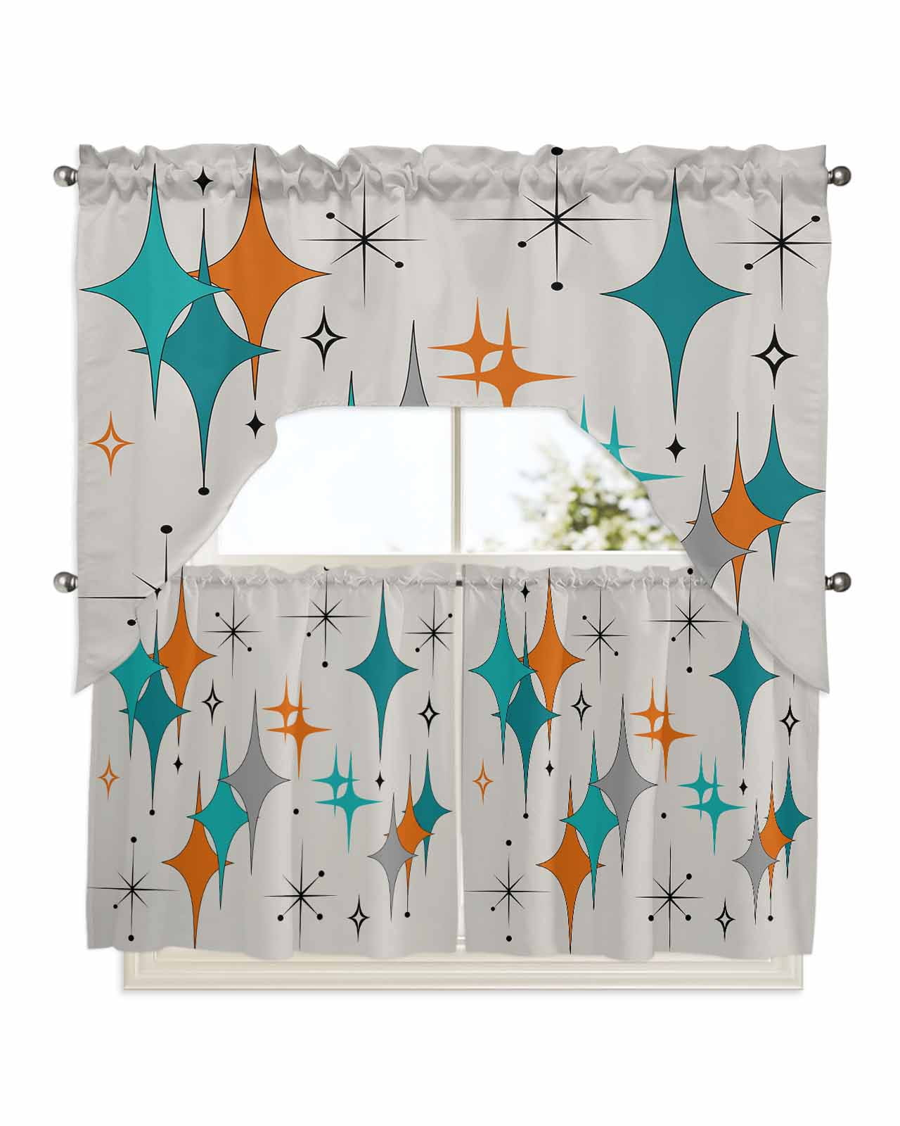 Teal Orange Boho Kitchen Curtains Swag Valance and Tier Curtains Set 24 ...