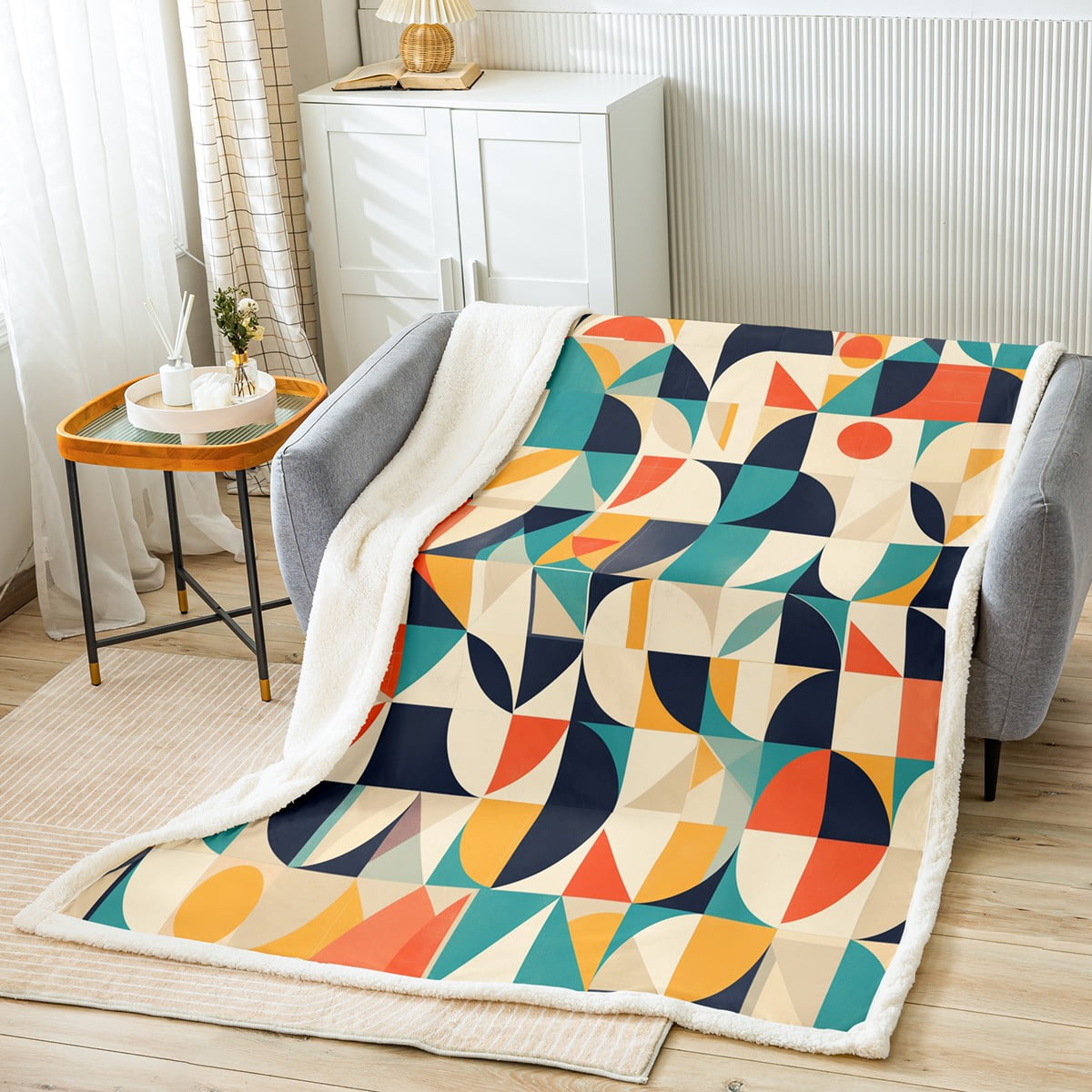 Teal Orange Geometric Blanket Throw,Retro Abstract Aesthetic Blankets ...
