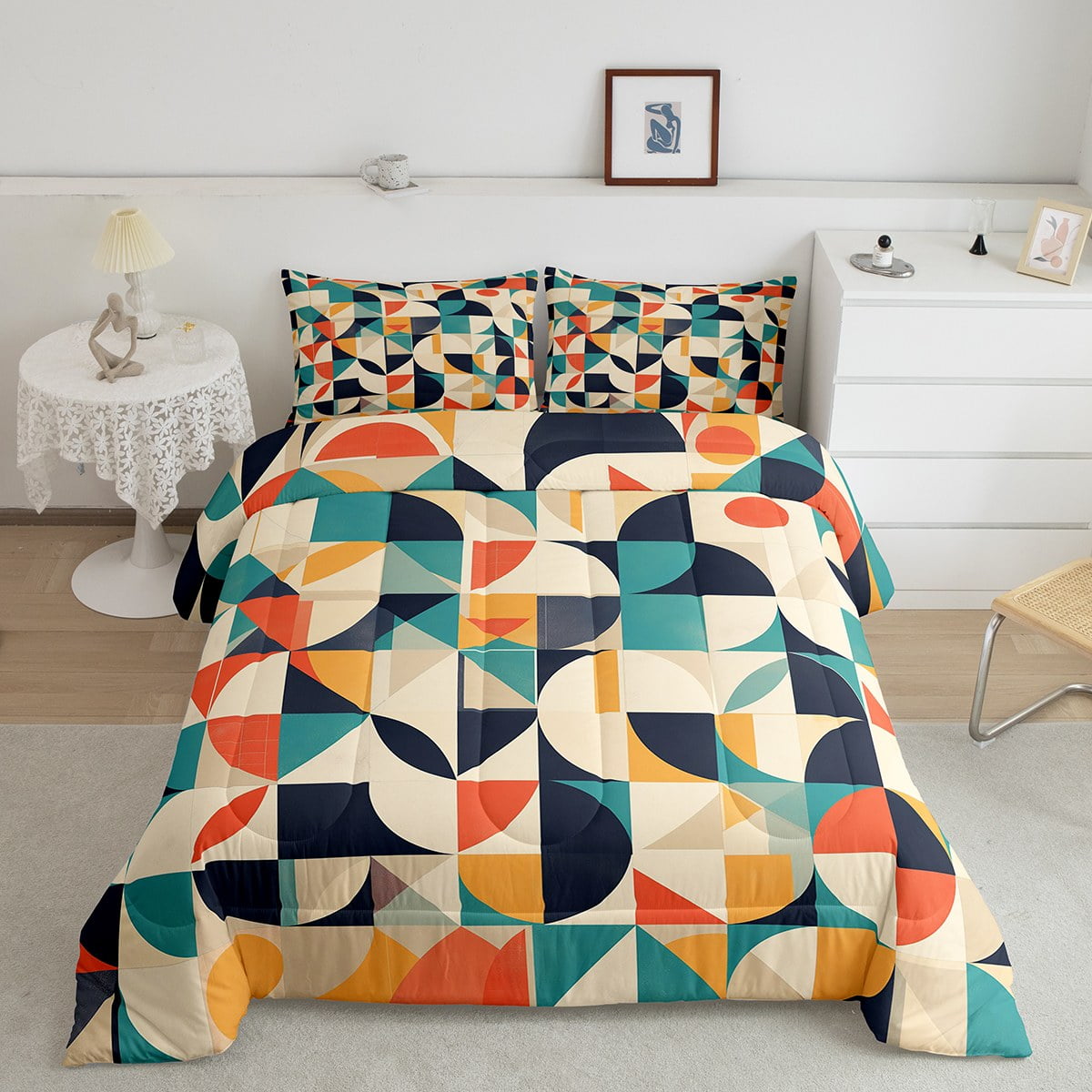 Teal Orange Geometric Comforter Set King Size,Retro Abstract Aesthetic ...