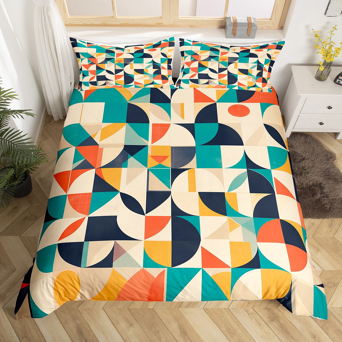 Teal Orange Geometric Duvet Cover Queen Size,Retro Abstract Aesthetic ...