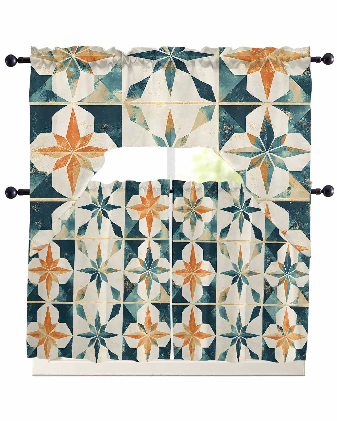 Teal Orange Geometric Kitchen Curtains Swag Valance and Tier Curtains ...