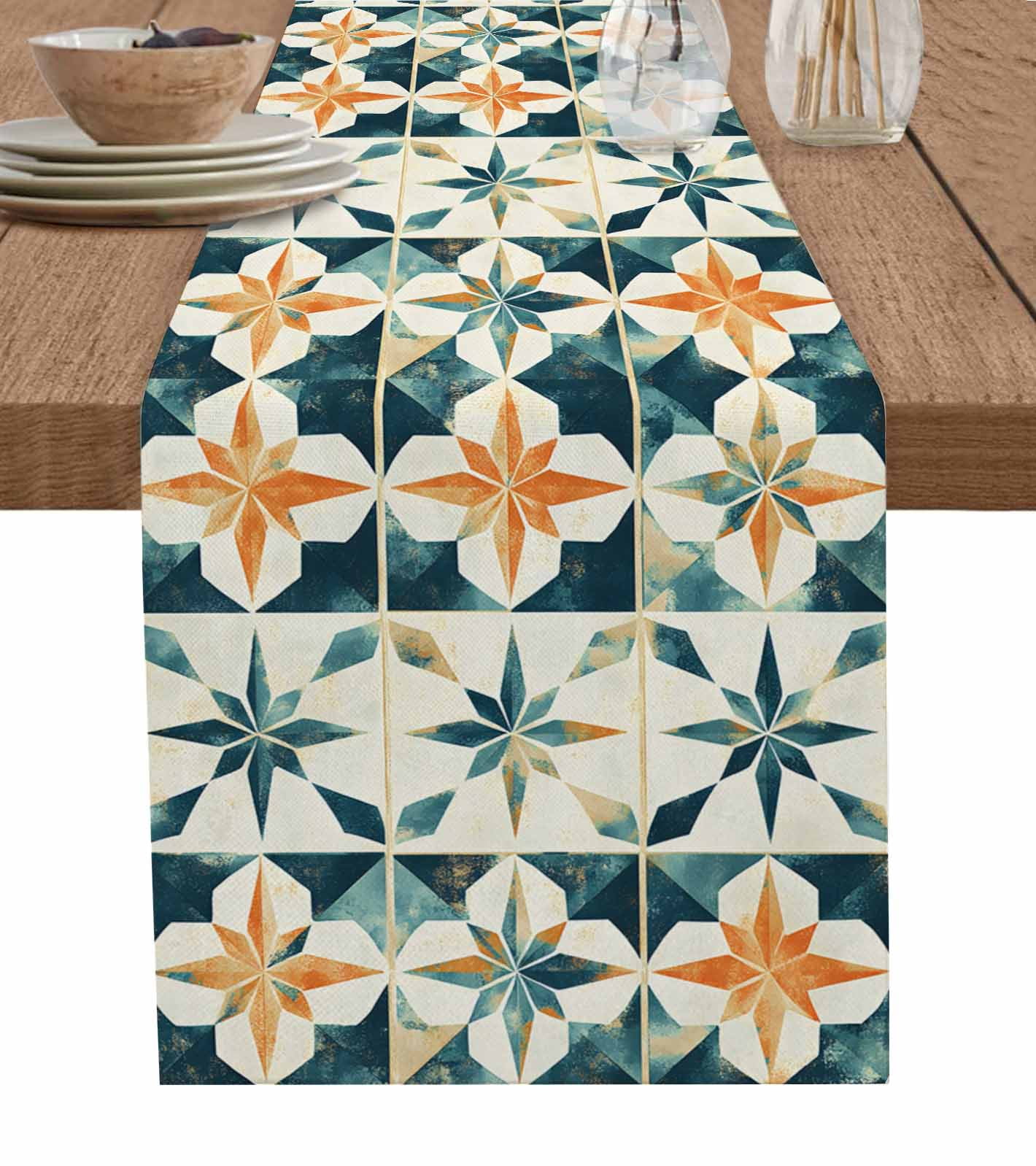 Teal Orange Geometric Table Runner 70 Inches, Vintage Chic Abstract ...