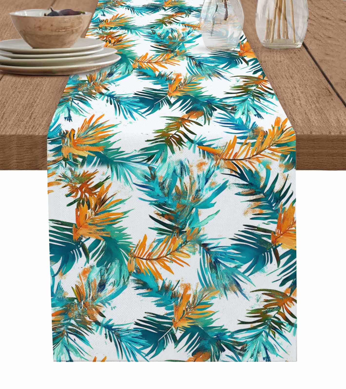 Teal Orange Palm Leaf Table Runner 70 Inches, Summer Botanical Leaves ...