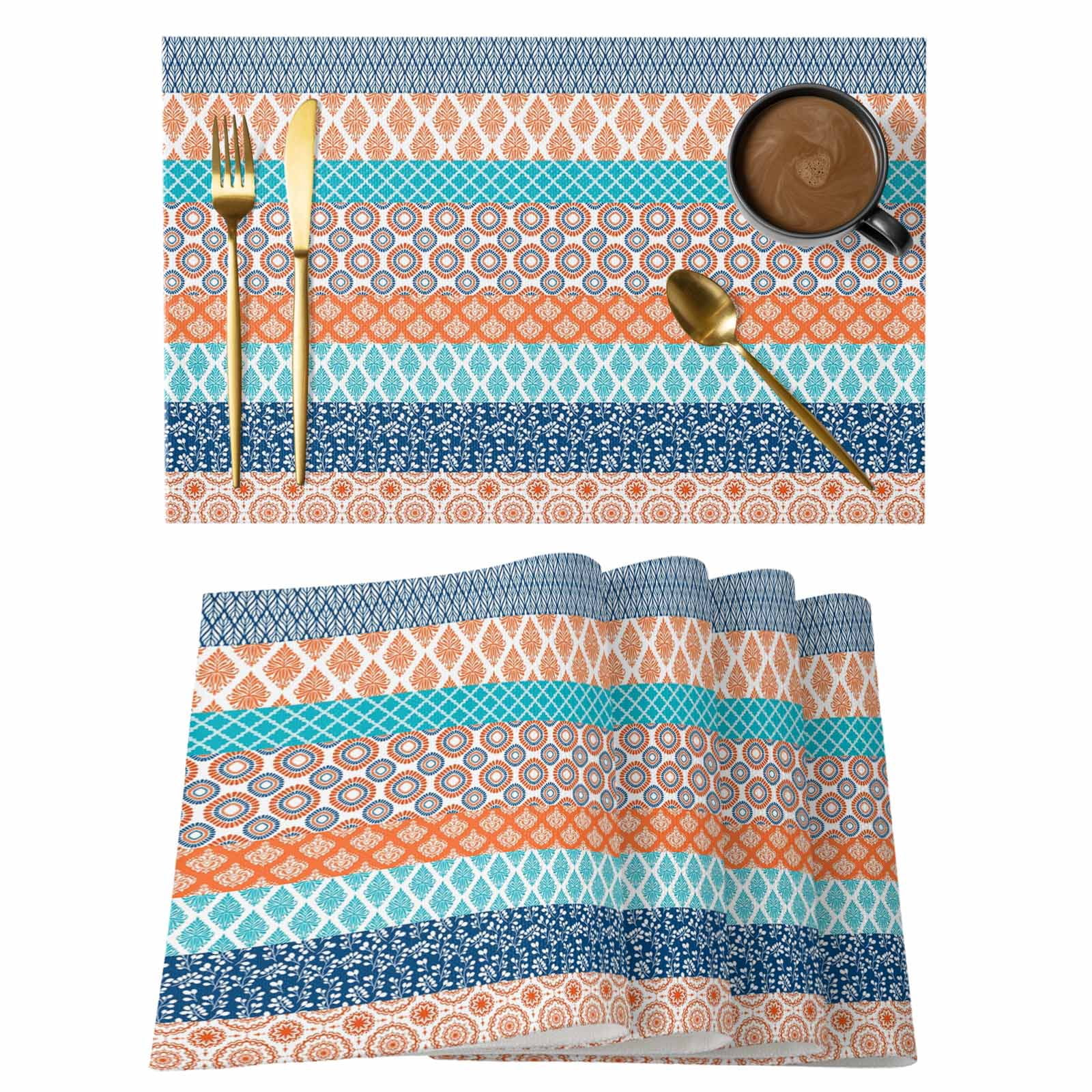 Teal Orange Striped Placemats Set of 8, Cotton Linen Fabric Place Mats ...