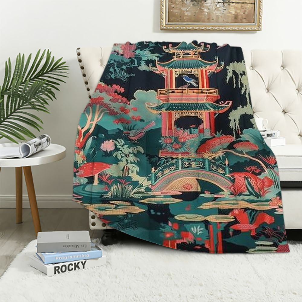Teal Pagoda and Flower Asian Style Bed Blankets Chinoiserie Charcoal ...